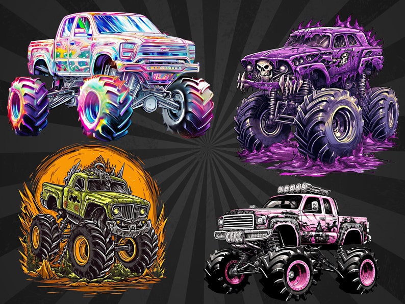 Monster Trucks Clipart Bundle: 20 PNG Images Adrenaline-packed Graphics ...