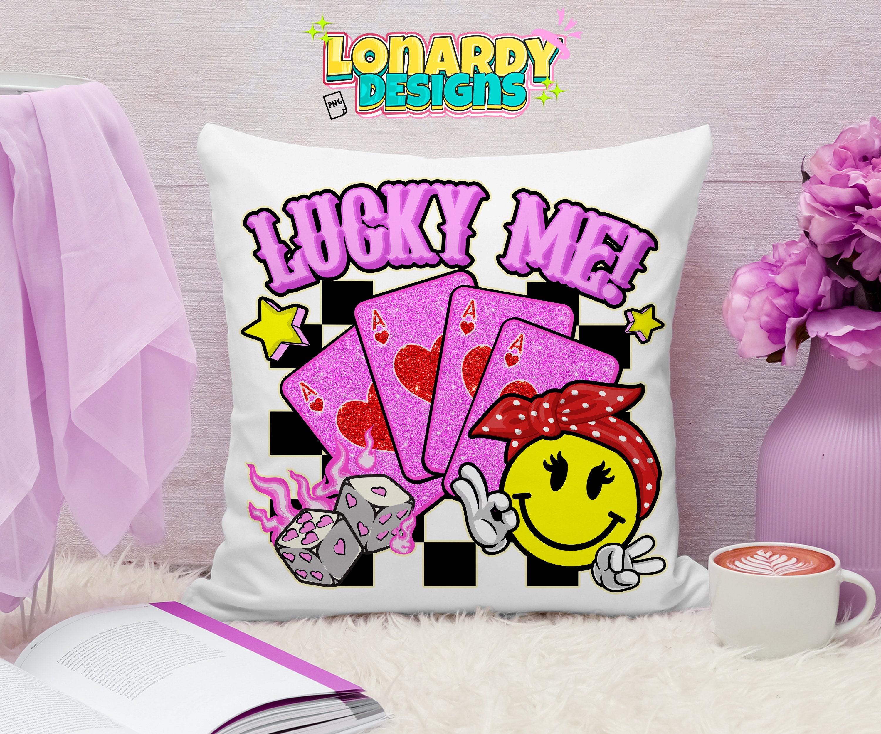 Cute Retro Smiley Lucky Me PNG Faux Glitter Play Cards Sublimation ...