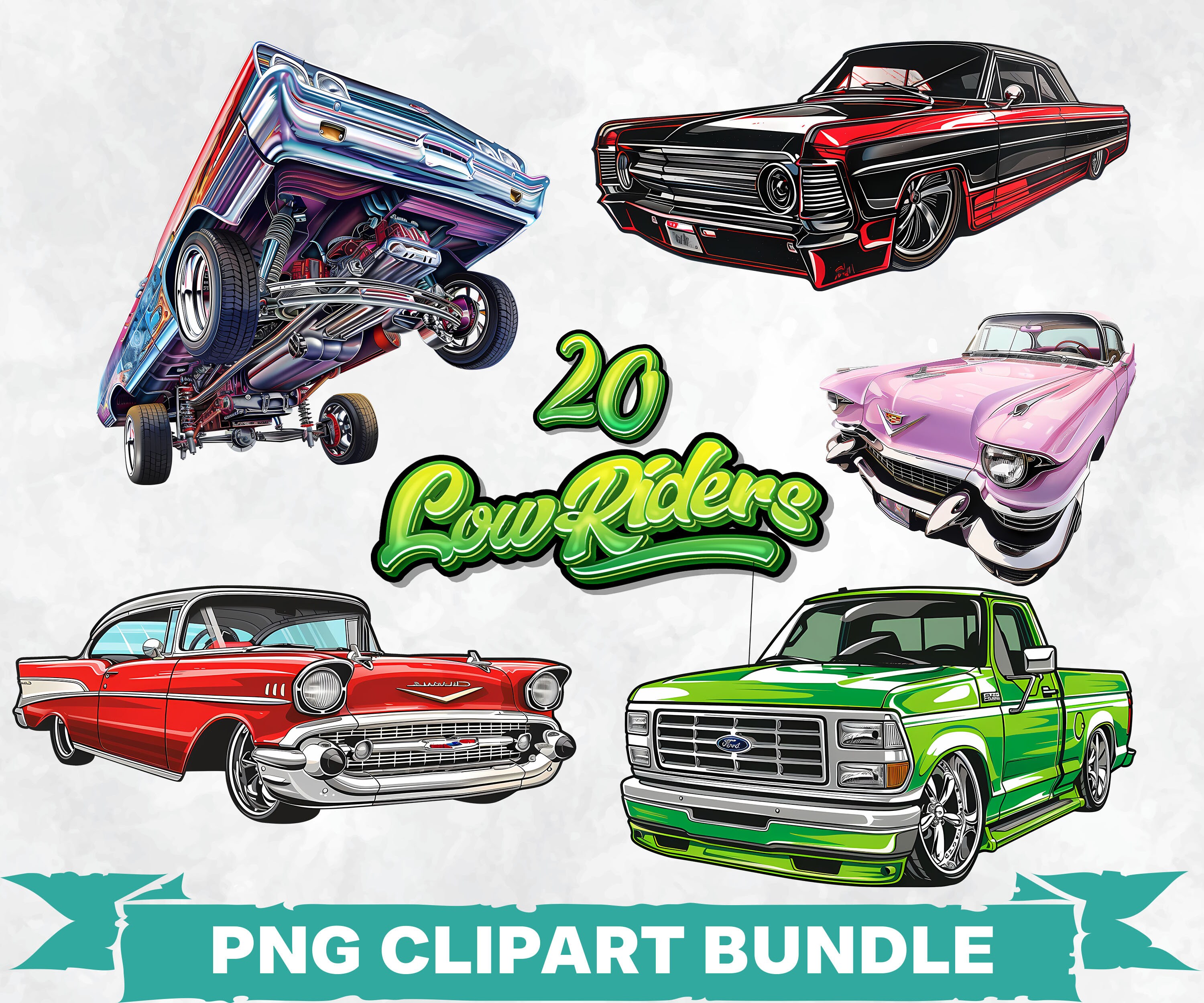 Lowrider Cars PNG Clipart Bundle, Vintage Vehicles Printable Graphics ...