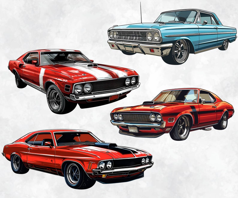Retro Muscle Cars PNG Clipart Bundle American Classic Car Sublimation ...