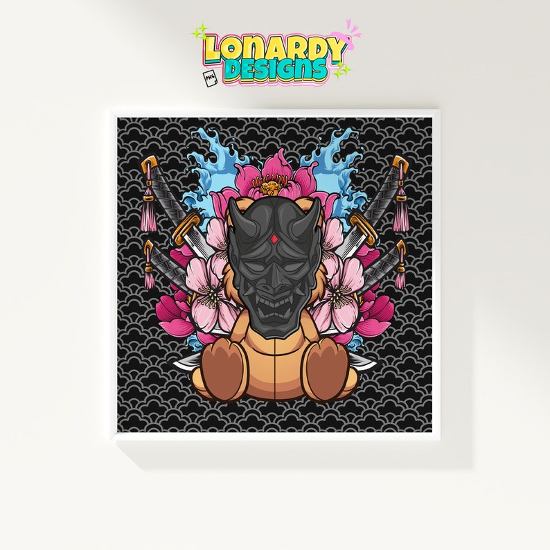 Samurai Teddy Bear Tumbler Wrap PNG Japanese Bear in Oni Mask ...