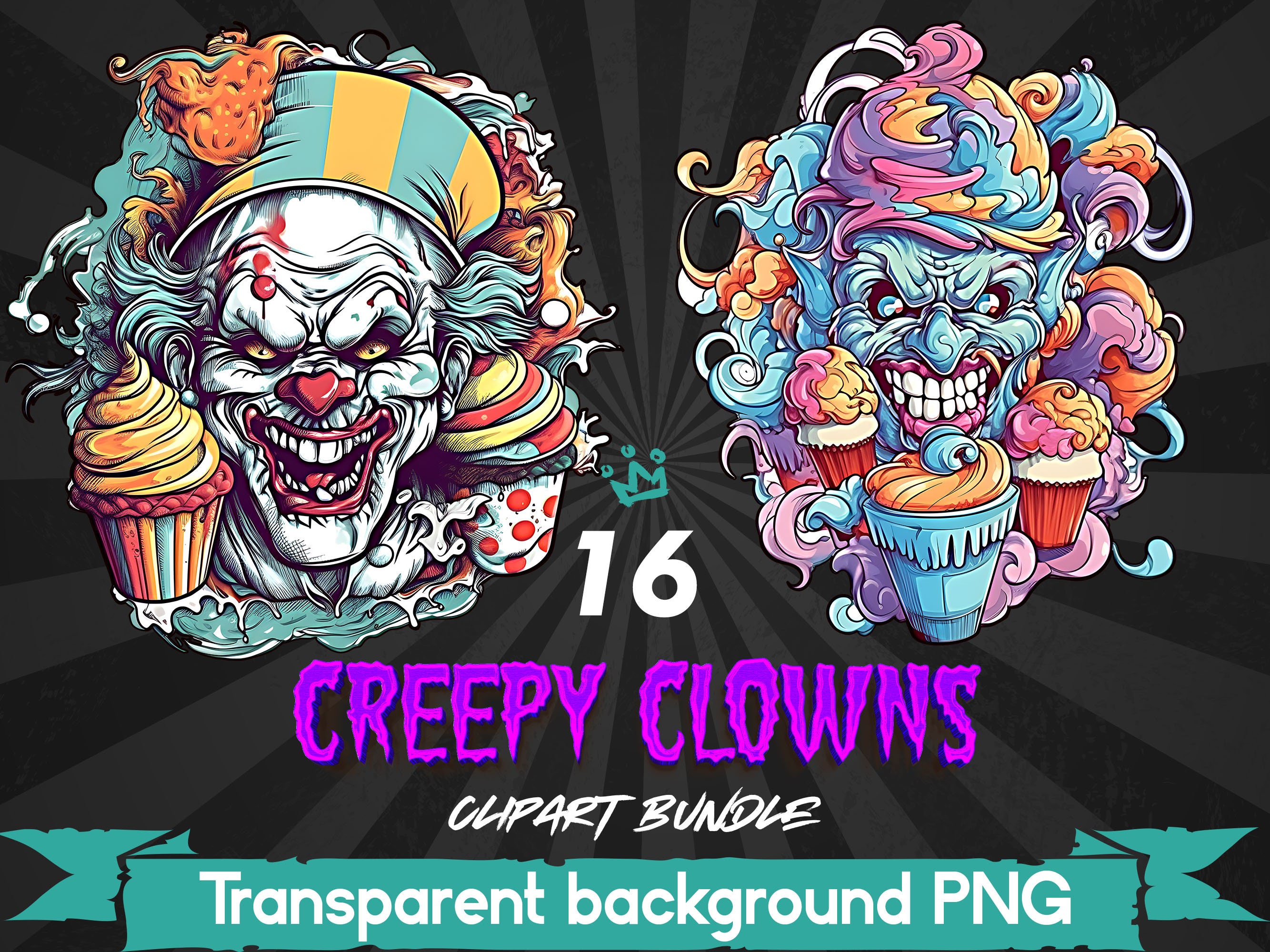 Creepy Clown Clipart Bundle, Spooky Clowns Sublimation Design, Horror ...