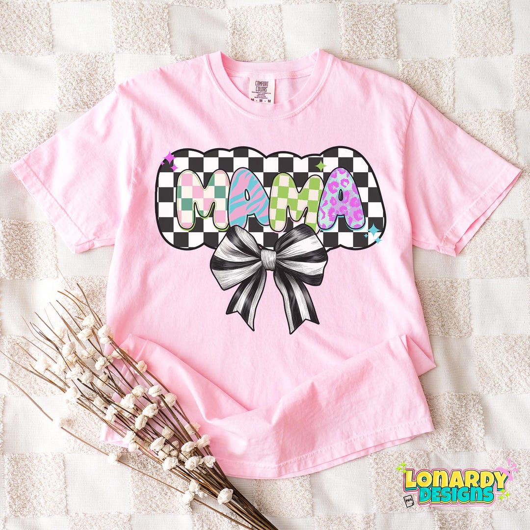 Retro Checker MAMA PNG Sublimation, Trendy Checkerboard Bow Shirt ...