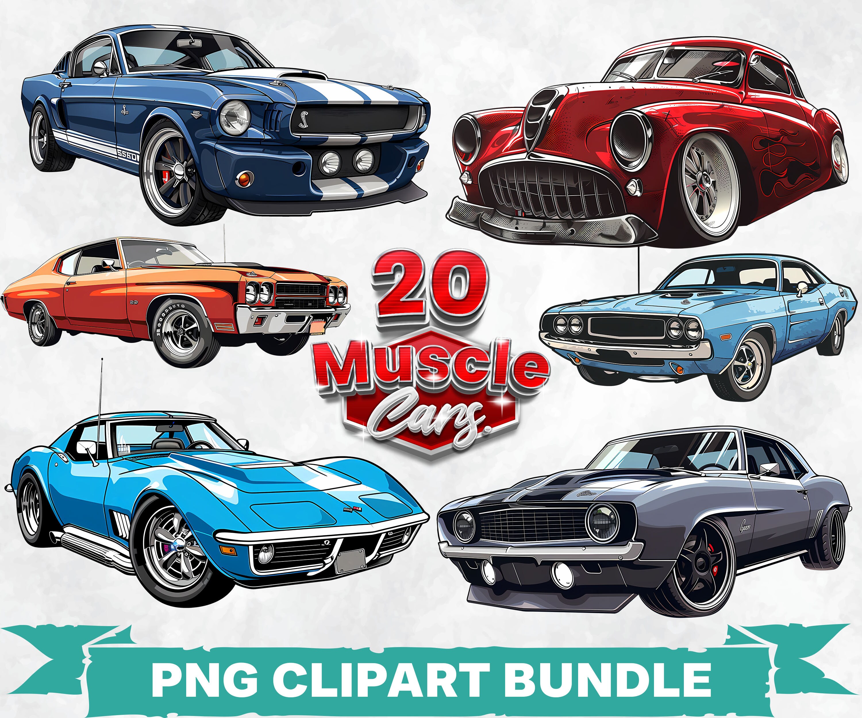 Retro Muscle Cars PNG Clipart Bundle American Classic Car Sublimation ...