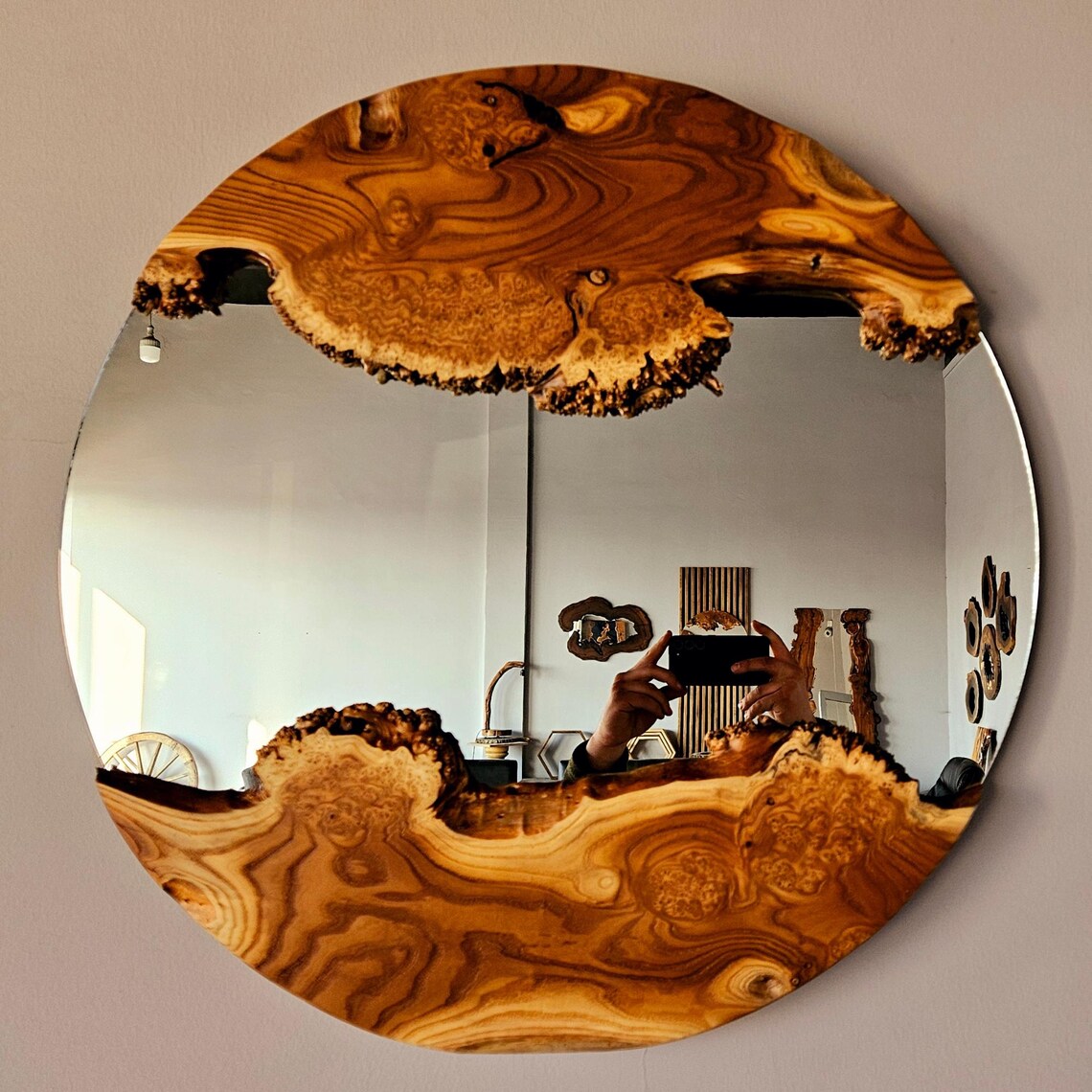 Live Edge Round Mirror, Handmade Wooden Mirror, Natural Wood Wall ...