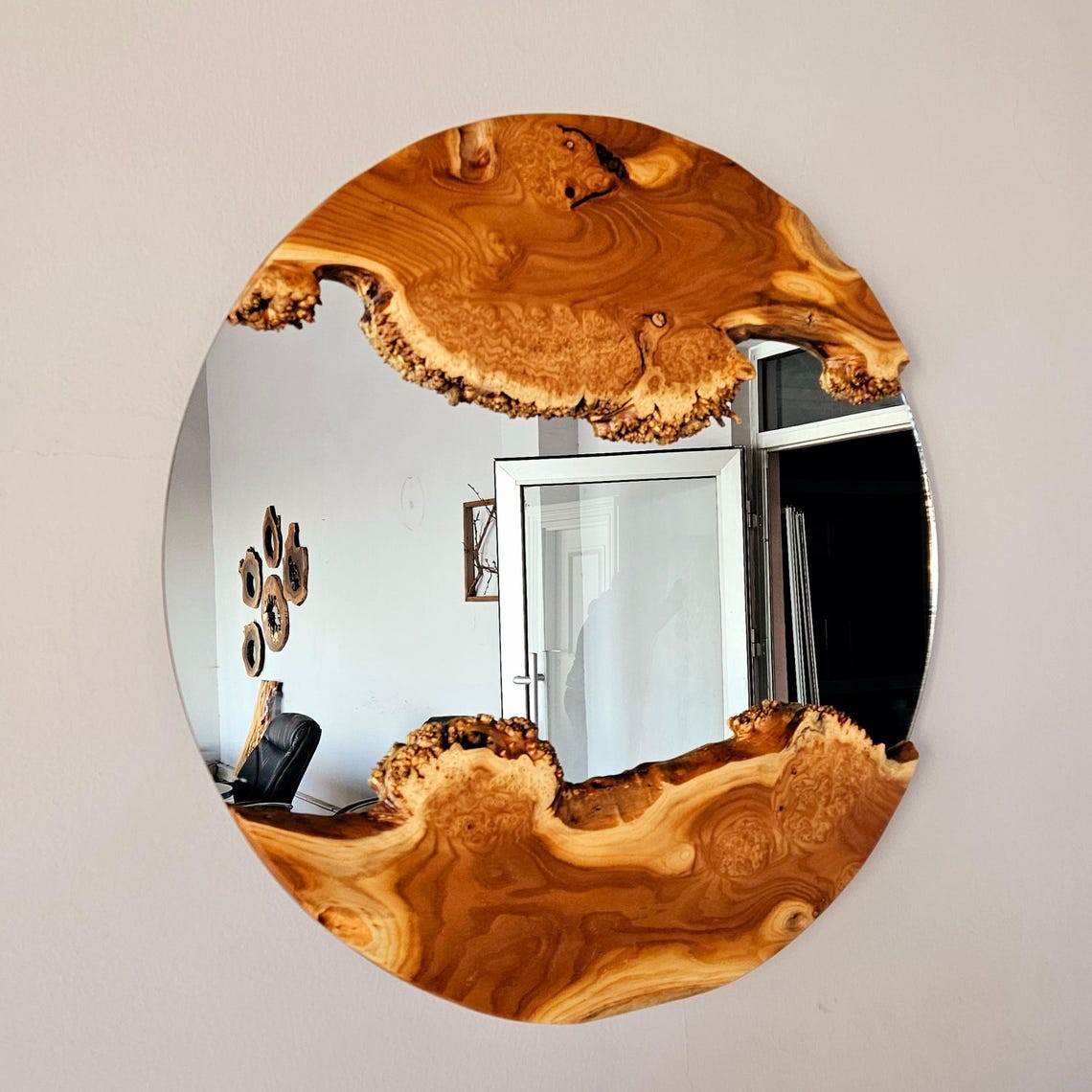 Live Edge Round Mirror, Handmade Wooden Mirror, Natural Wood Wall ...