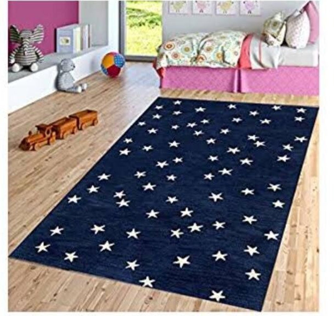 100% Authentic Tufted Star Rug Blue Kids Rug Children Nursery Woolen ...