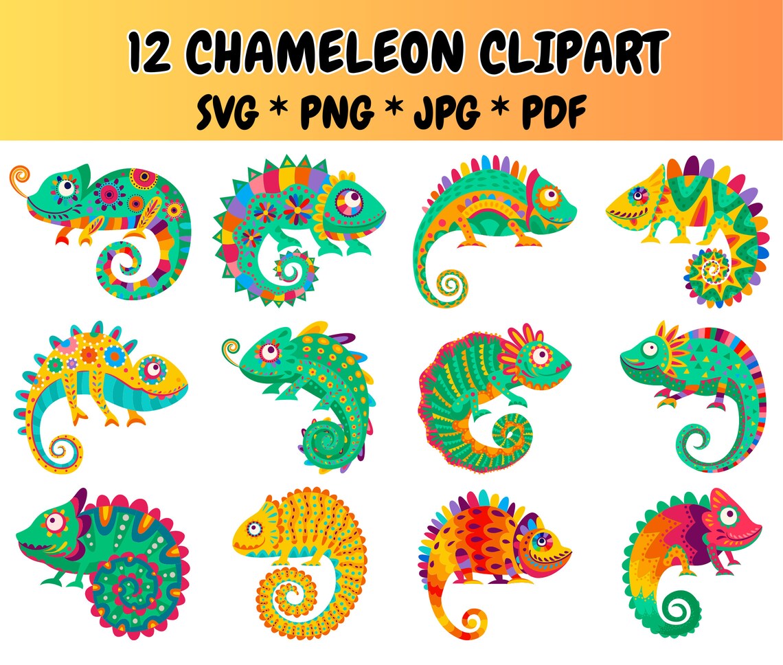 12 Chameleon Clipart Bundle SVG PNG, Tropical Animal Clipart, Cute ...