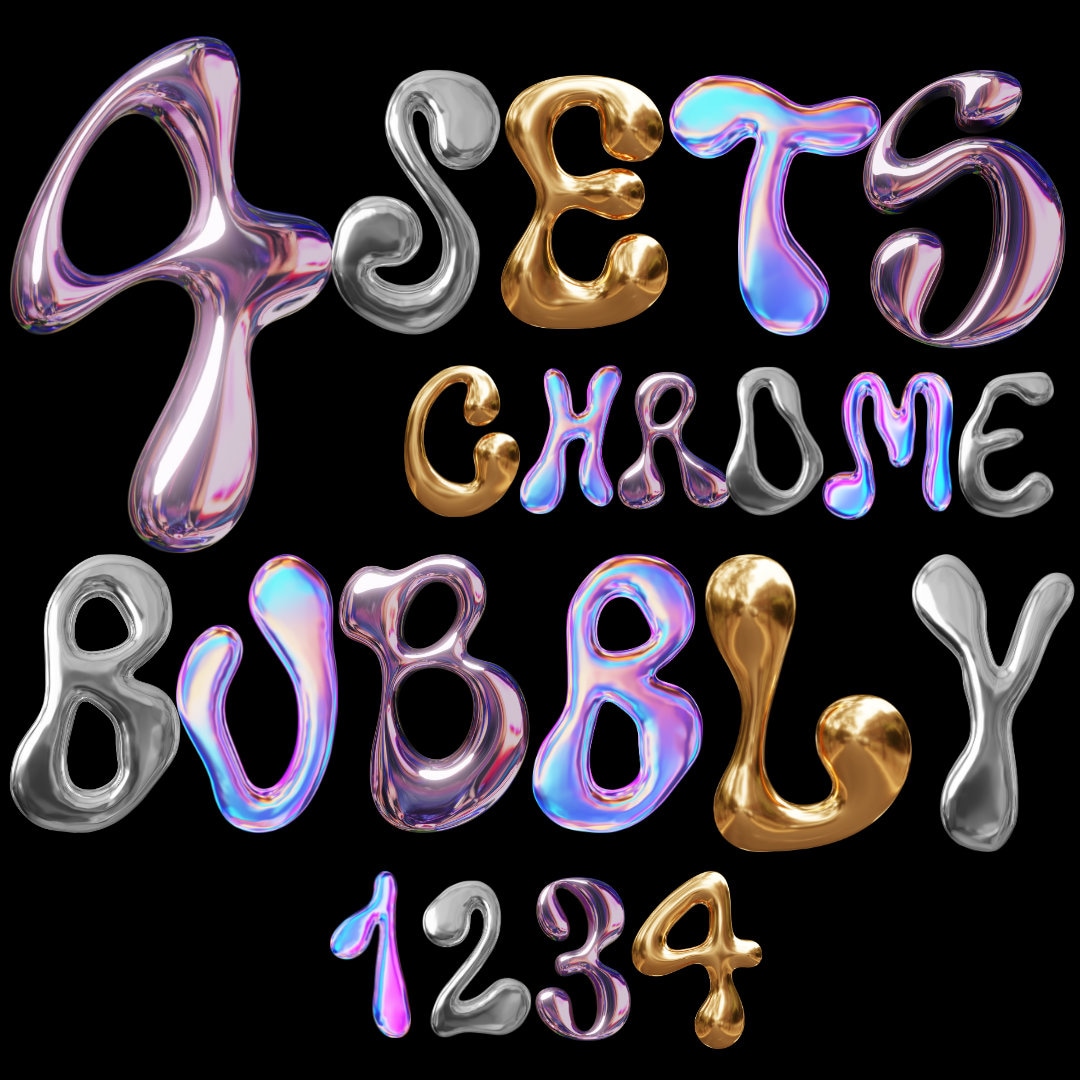 3D Bubbly Chrome Letters Clipart PNG SVG 4 Bundle, Bubbly Font, Bubbly ...