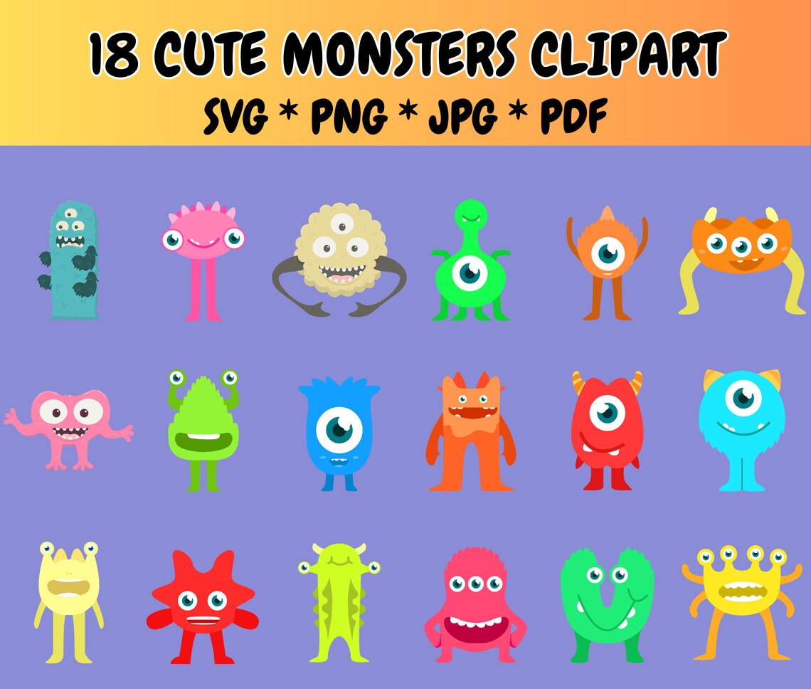 18 Cute Monsters Clipart Bundle SVG PNG, Birthday Monsters, Party ...