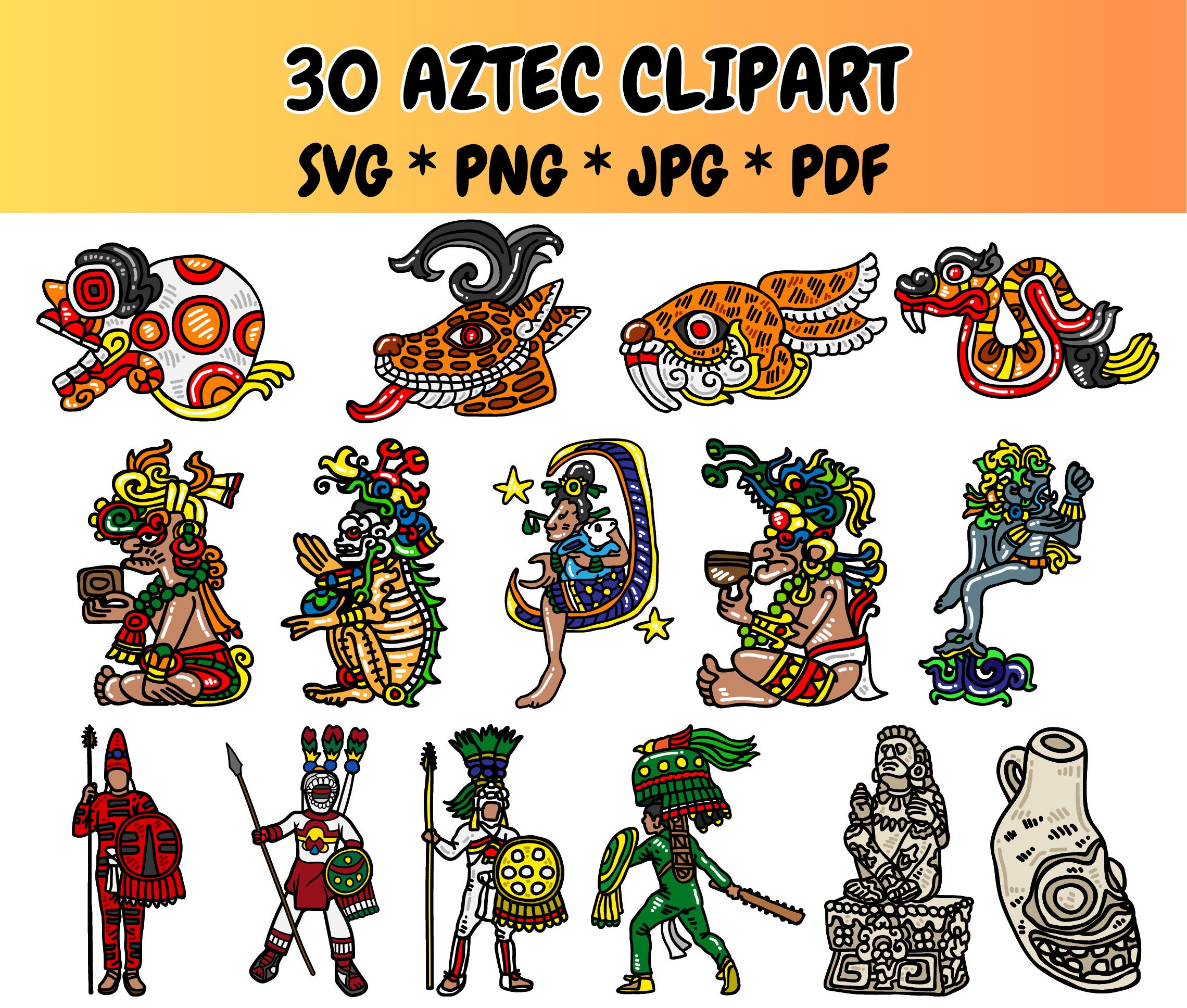 30 Aztec Clipart Bundle SVG PNG JPG Pdf Icons, Aztec Warrior, Aztec ...