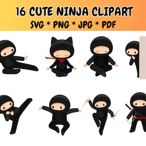 16 Cute Ninja Clipart Bundle SVG PNG, Kawaii Ninja, Little Ninja Kids ...
