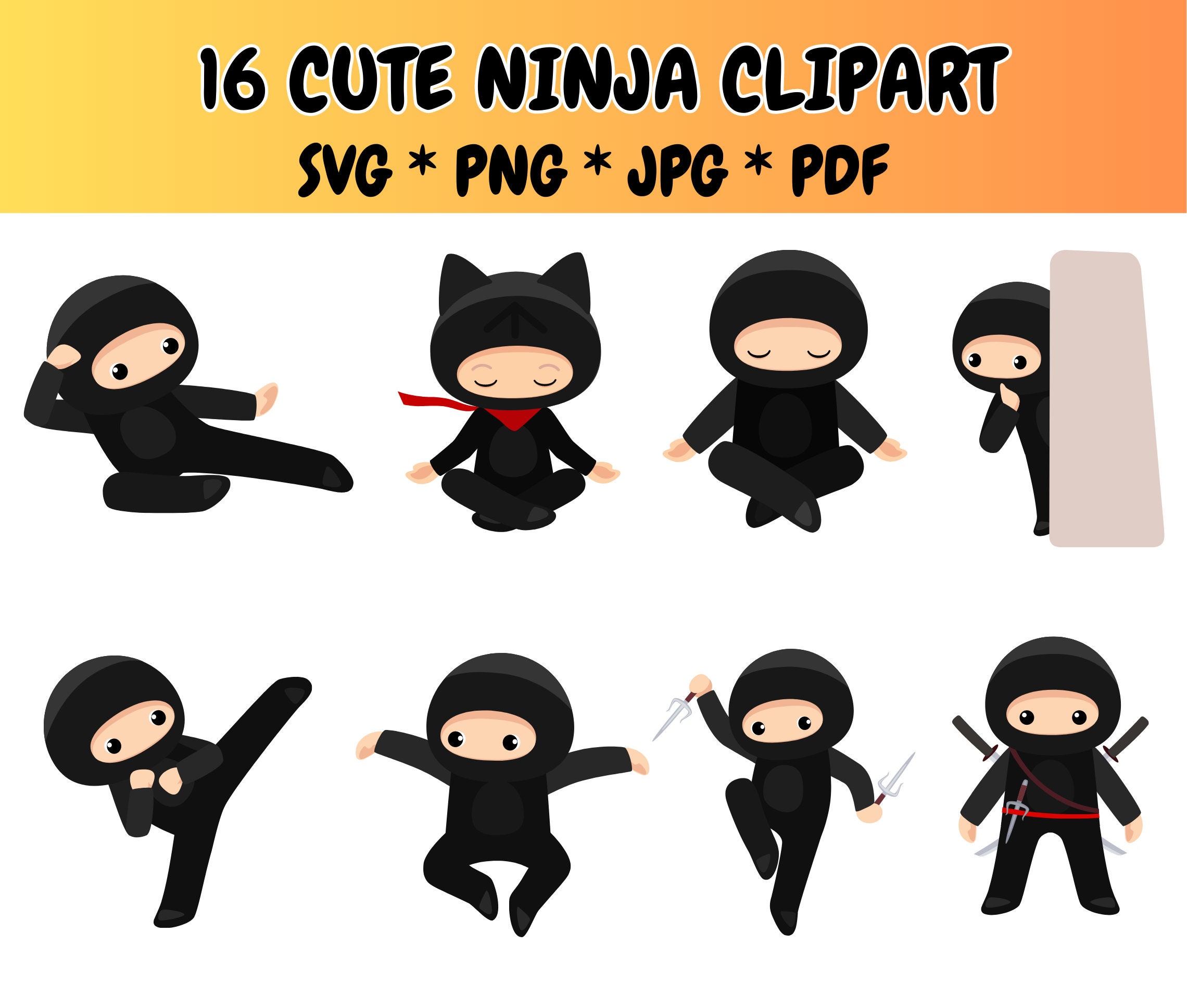 16 Cute Ninja Clipart Bundle SVG PNG, Kawaii Ninja, Little Ninja Kids ...