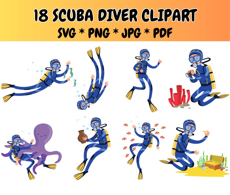18 Scuba Diver Clipart Bundle SVG PNG JPG Pdf Icons, Scuba Diving ...