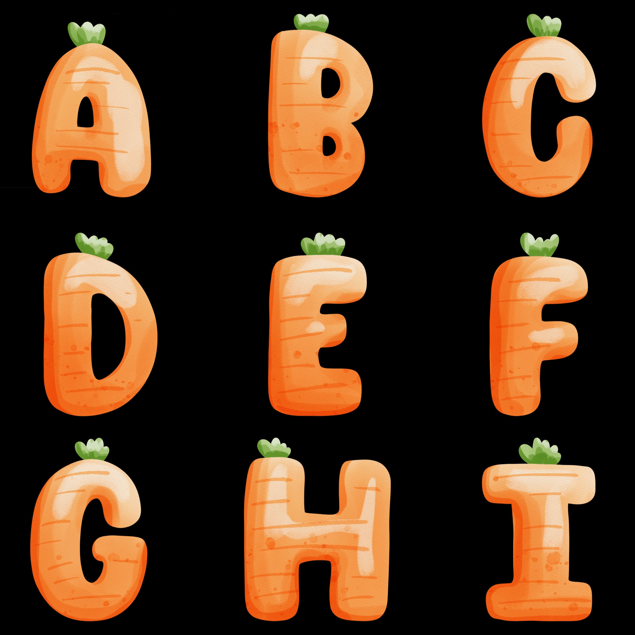 Carrot Letters PNG SVG Clipart Bundle, Carrot Alphabet, Carrot Font Svg ...