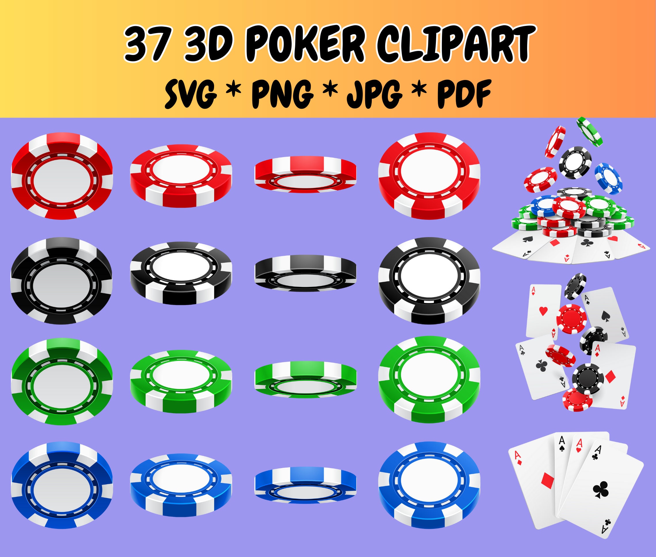 37 3D Poker Clipart Bundle SVG PNG JPG Pdf Icons, Poker Chips, Aces ...