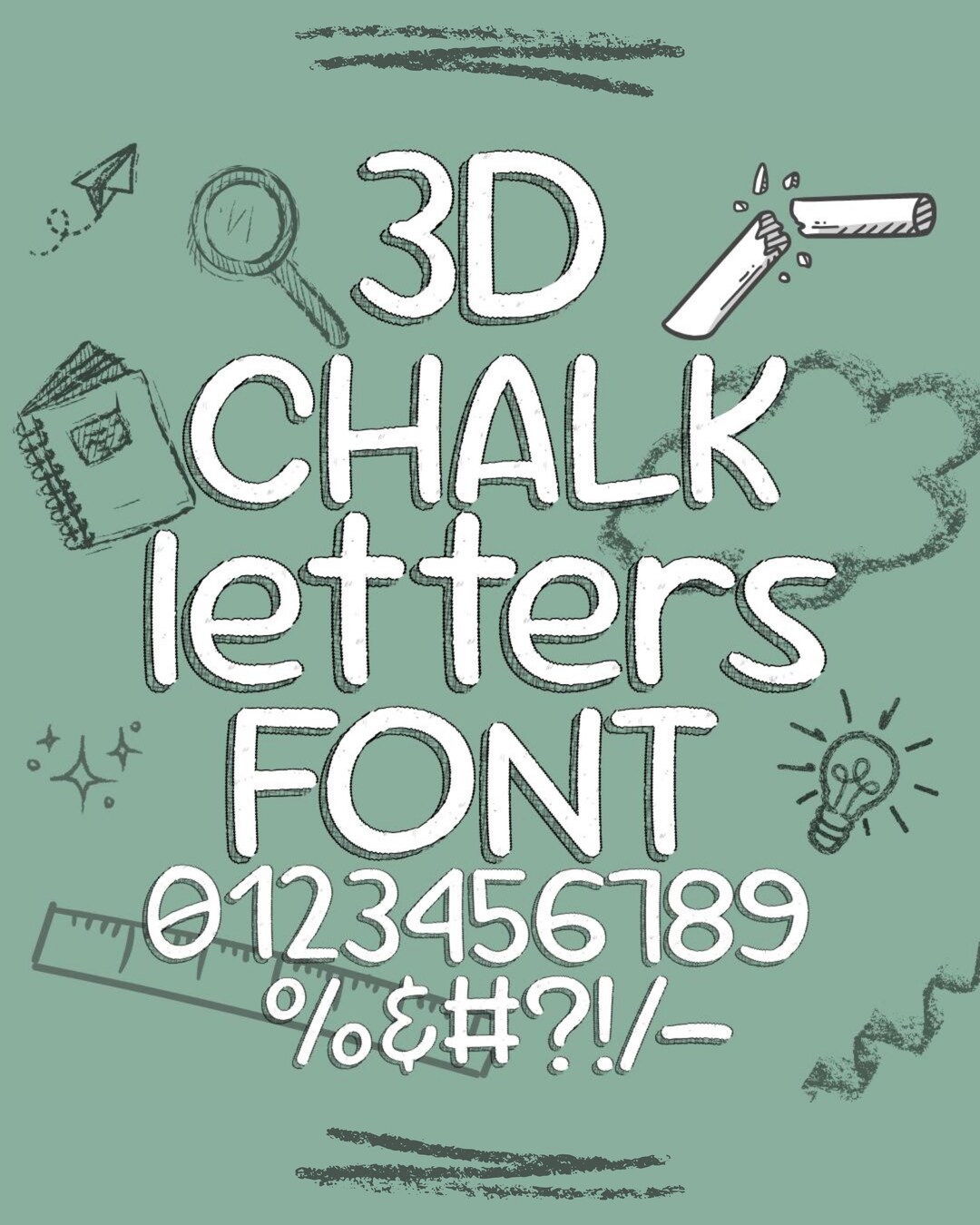 Chalkboard Font: 3D White Letters, Numbers, Punctuation (SVG, PNG ...
