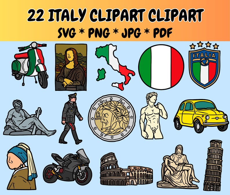 22 Italy Clipart Bundle SVG PNG JPG Pdf Icons, Rome Clipart, Colosseum ...