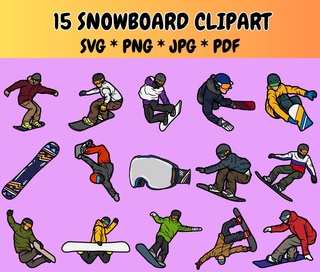 15 Snowboard Clipart Bundle SVG PNG JPG Pdf Icons, Snowboarding Clipart ...