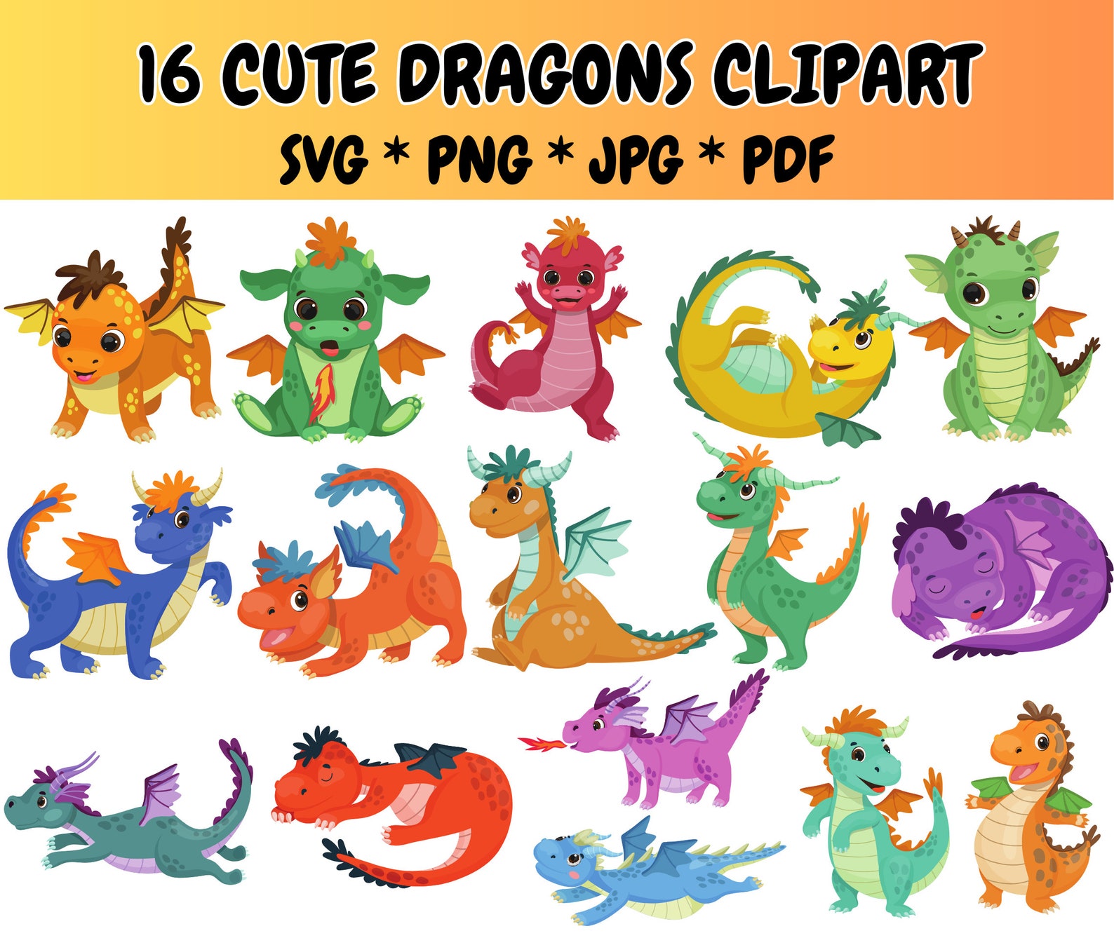16 Cute Dragons Clipart Bundle SVG PNG, Cute Animal Clipart, Happy ...