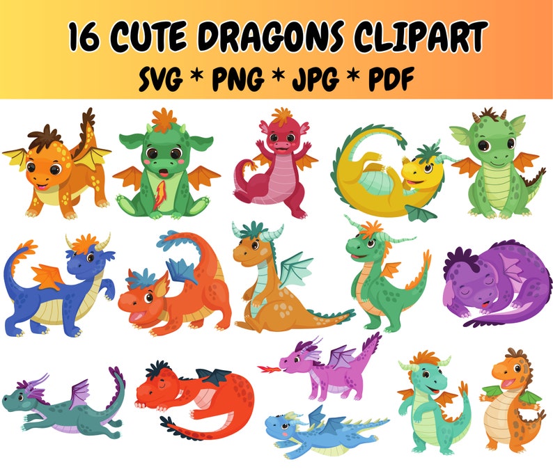 16 Cute Dragons Clipart Bundle SVG PNG, Cute Animal Clipart, Happy ...