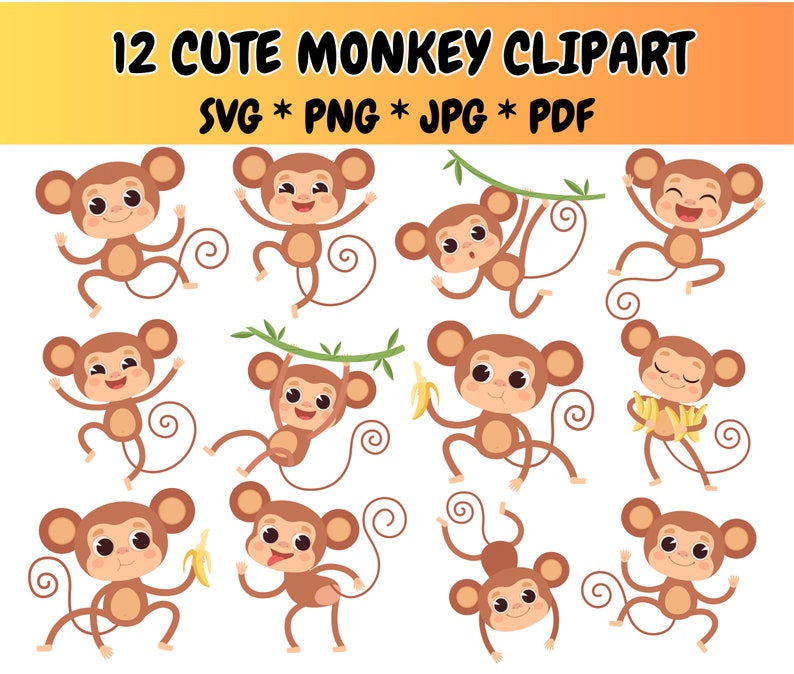 12 Cute Monkey Clipart Bundle SVG PNG JPG Pdf Icons, Kawaii Monkey ...