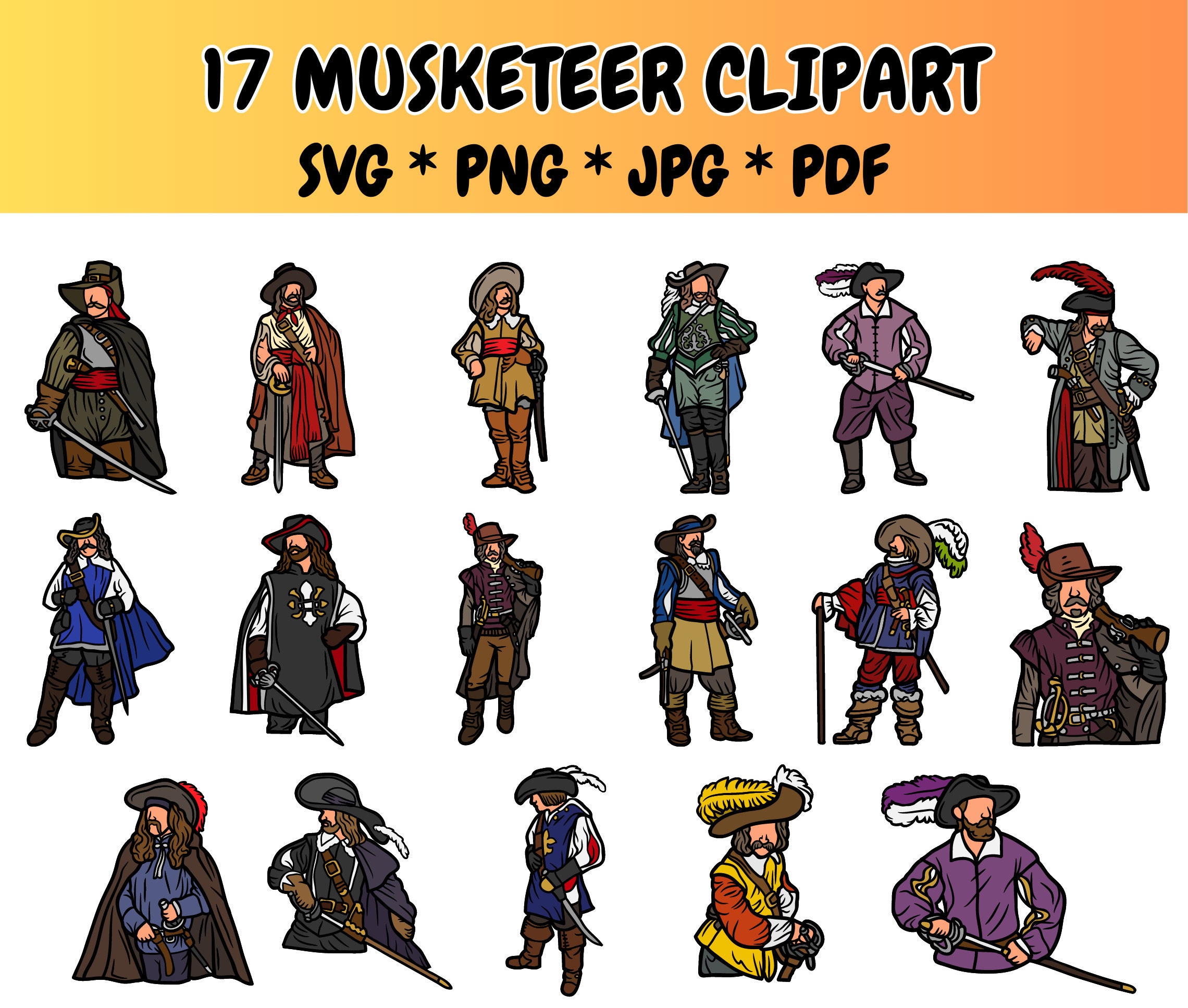 17 Musketeers Clipart Bundle SVG PNG JPG Pdf, Swordsman Clipart, D ...