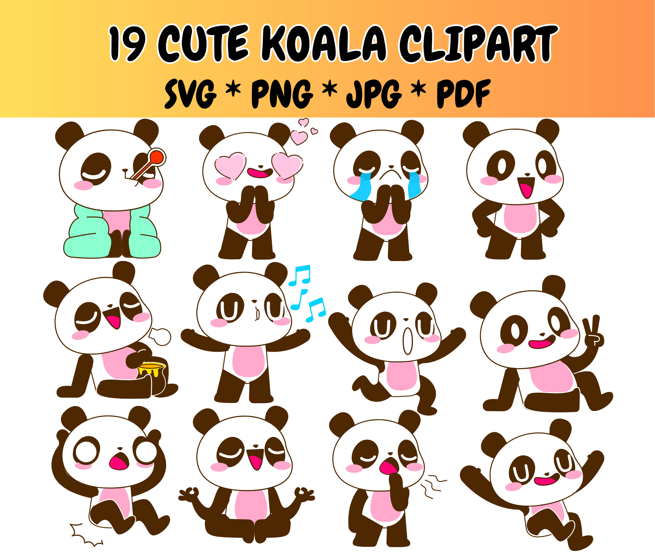 19 Cute Panda Clipart Bundle SVG PNG, Baby Panda, Kids Panda, Kawaii ...