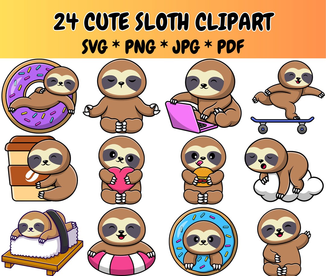 24 Cute Sloth Clipart Bundle SVG PNG, Baby Sloth Svg, Adorable Animal ...