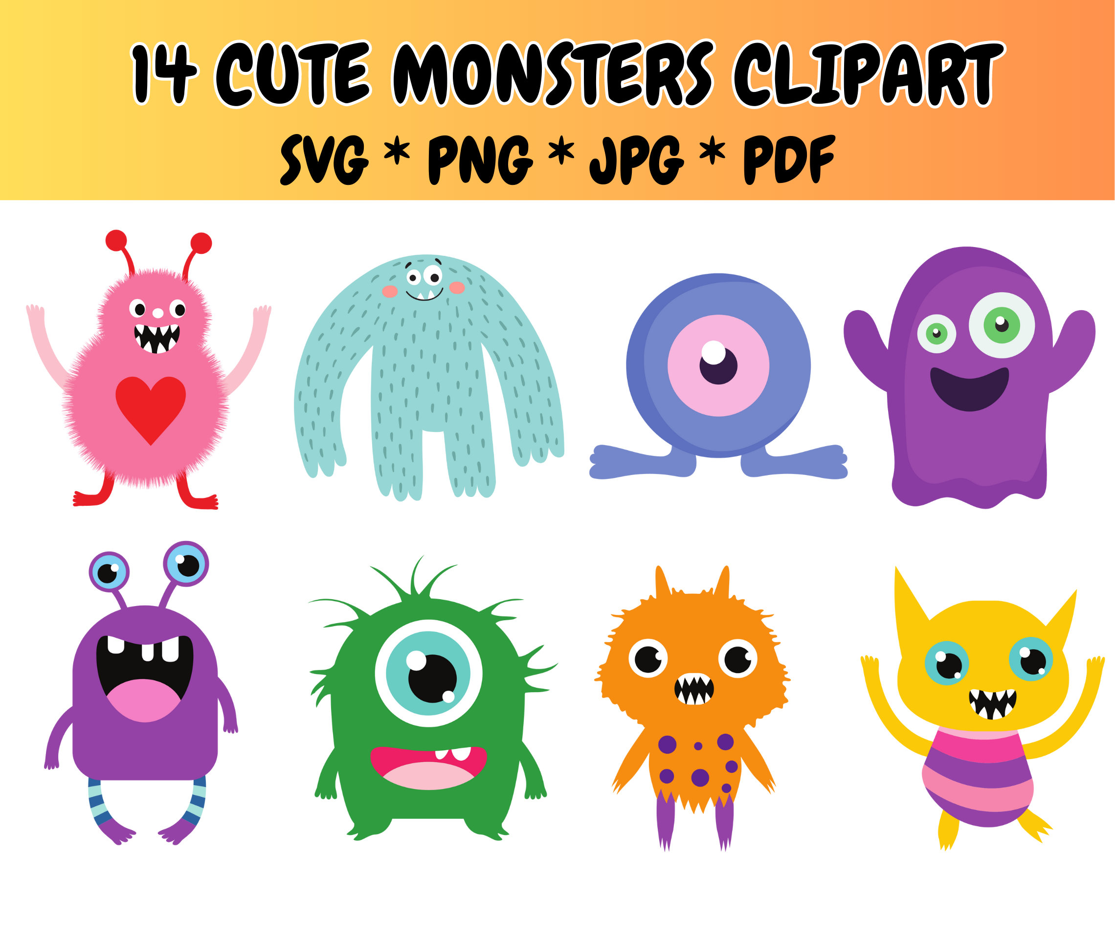 14 Cute Monsters Clipart Bundle SVG PNG, Kawaii Monster, Party Monsters ...