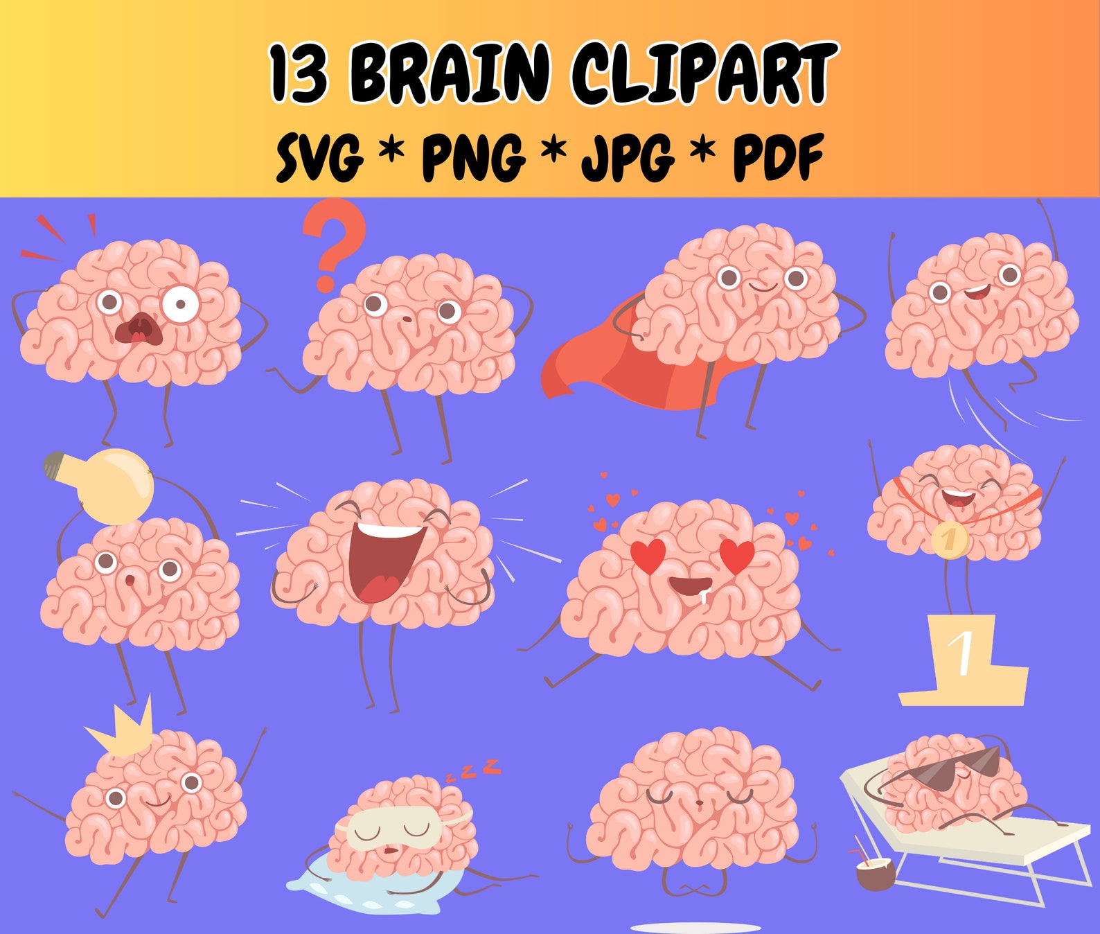 13 Brain Clipart Bundle SVG PNG, Mental Health, Cute Brain, Funny Brain ...