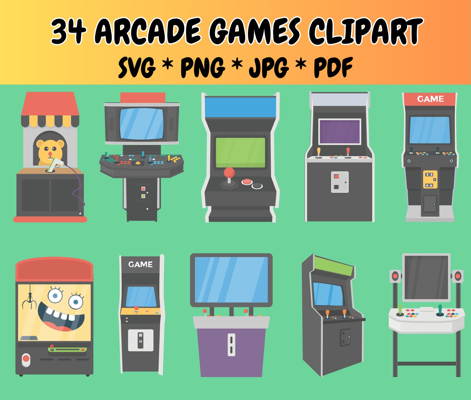 34 Arcade Games Clipart Bundle SVG PNG JPG Pdf Icons, Arcade Machine ...
