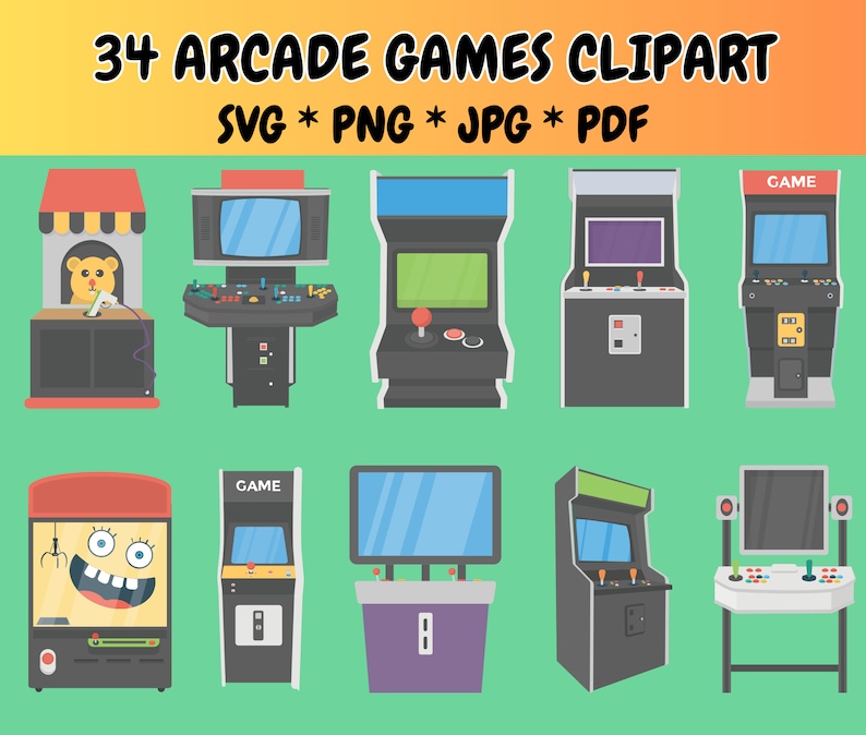 34 Arcade Games Clipart Bundle SVG PNG JPG Pdf Icons, Arcade Machine ...