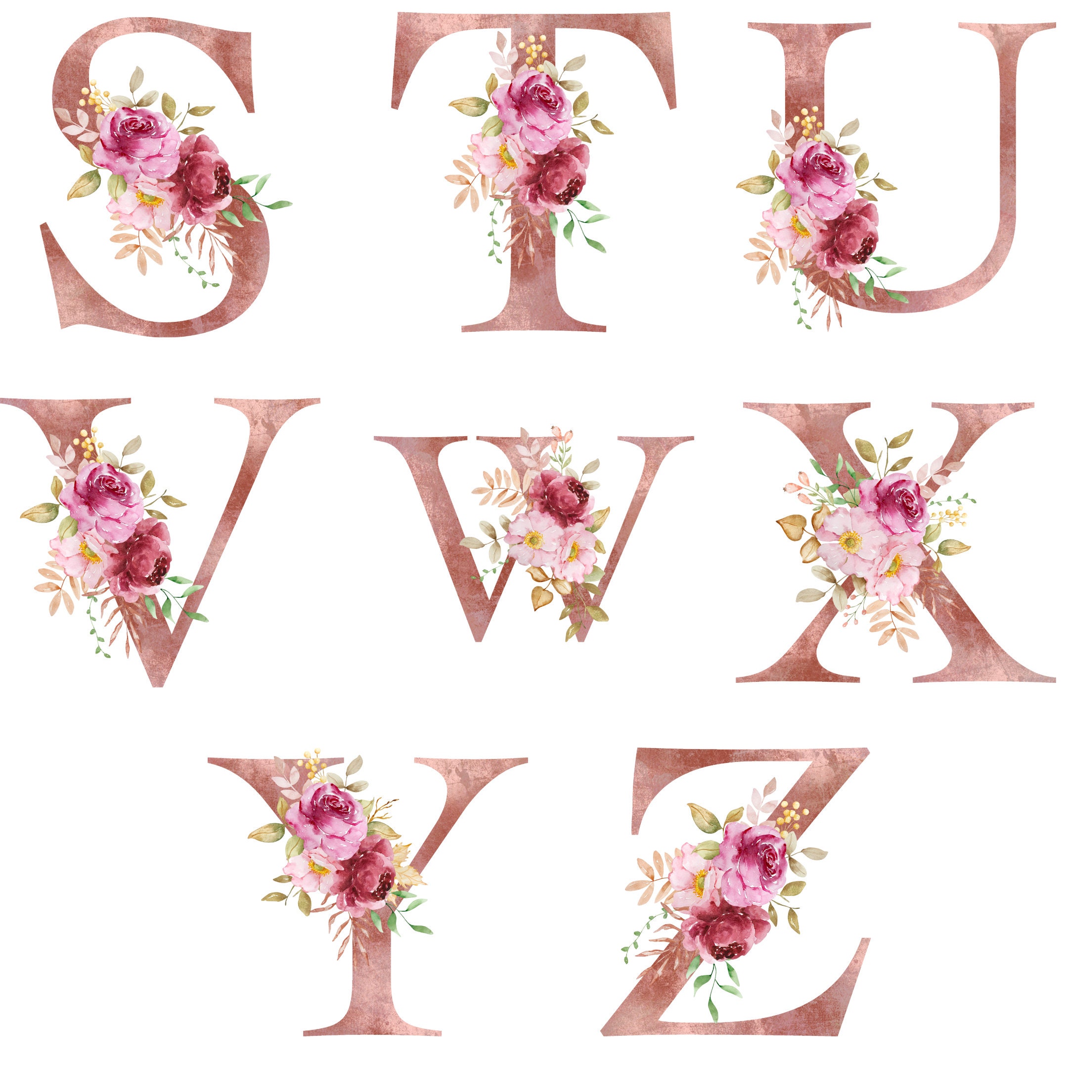 Watercolor Floral Letters Clipart PNG SVG Bundle, Floral Font, Floral ...