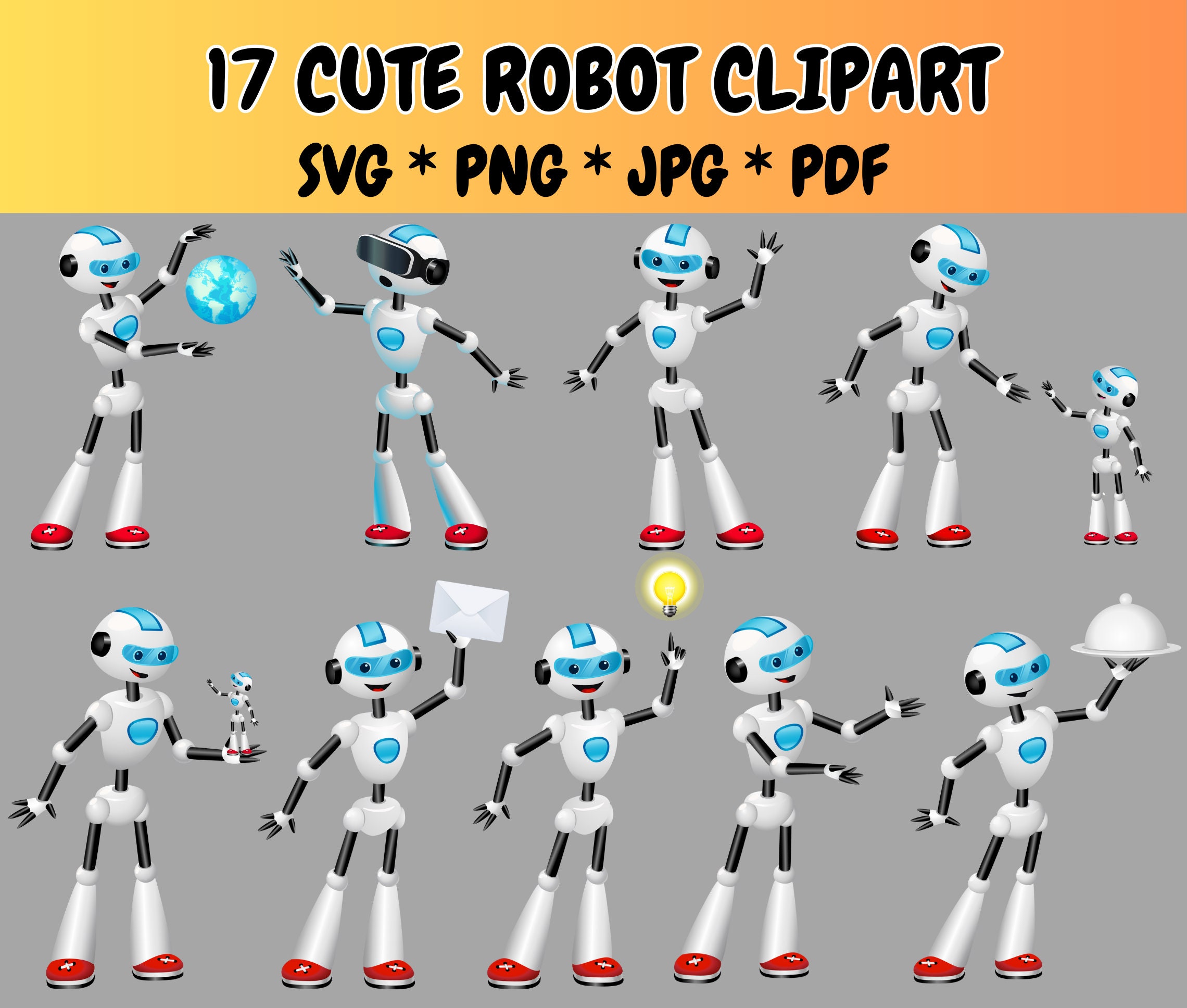 17 Cute Robot Clipart Bundle SVG PNG, Little Robot, Technology Clipart ...