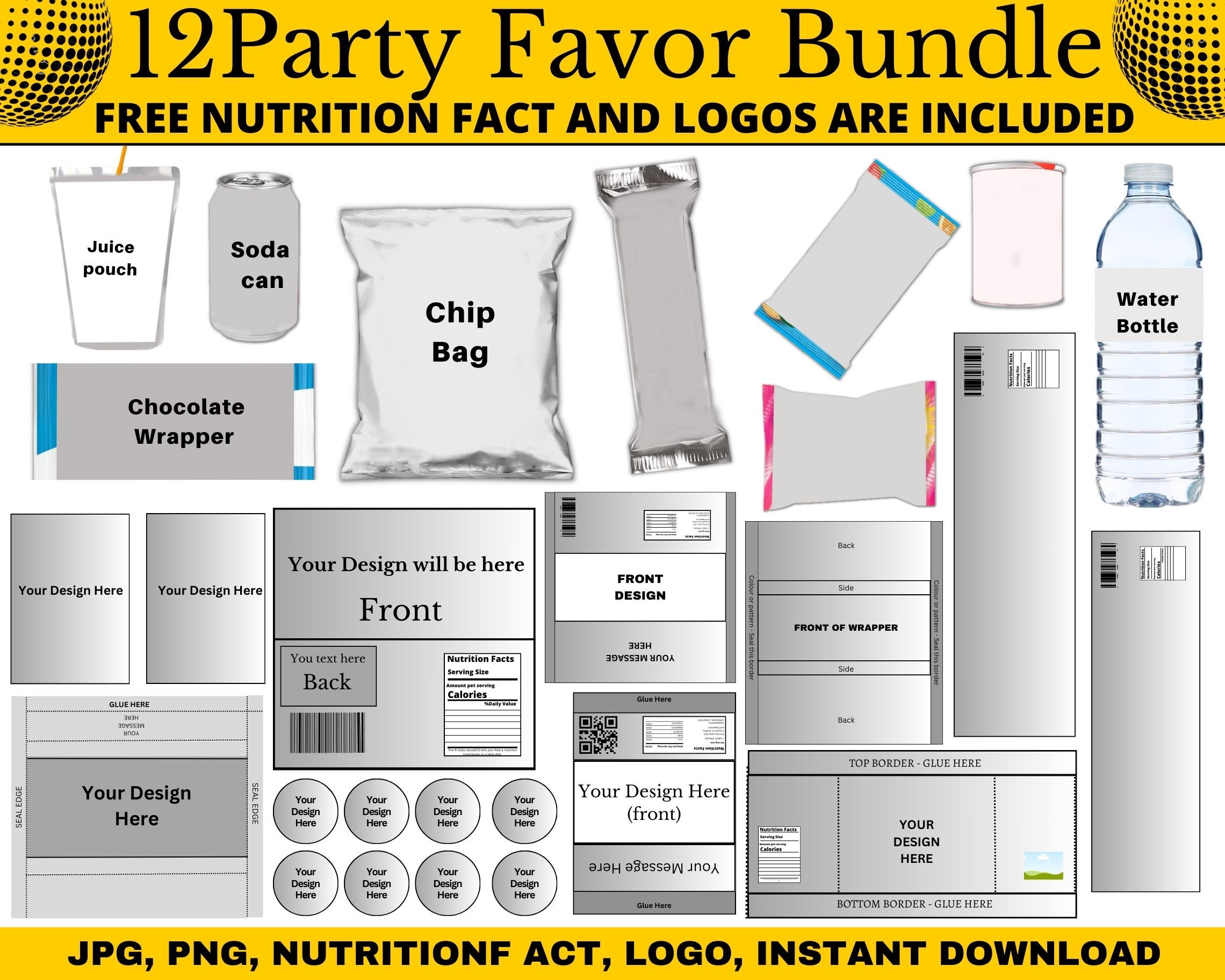 12 Party Favor Templates Digital Party Favors Bundles and Chip Bag ...
