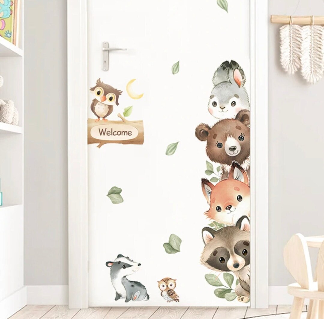 Watercolor Forest Animals Cartoon Door Sticker for Kids Room - Nursery ...