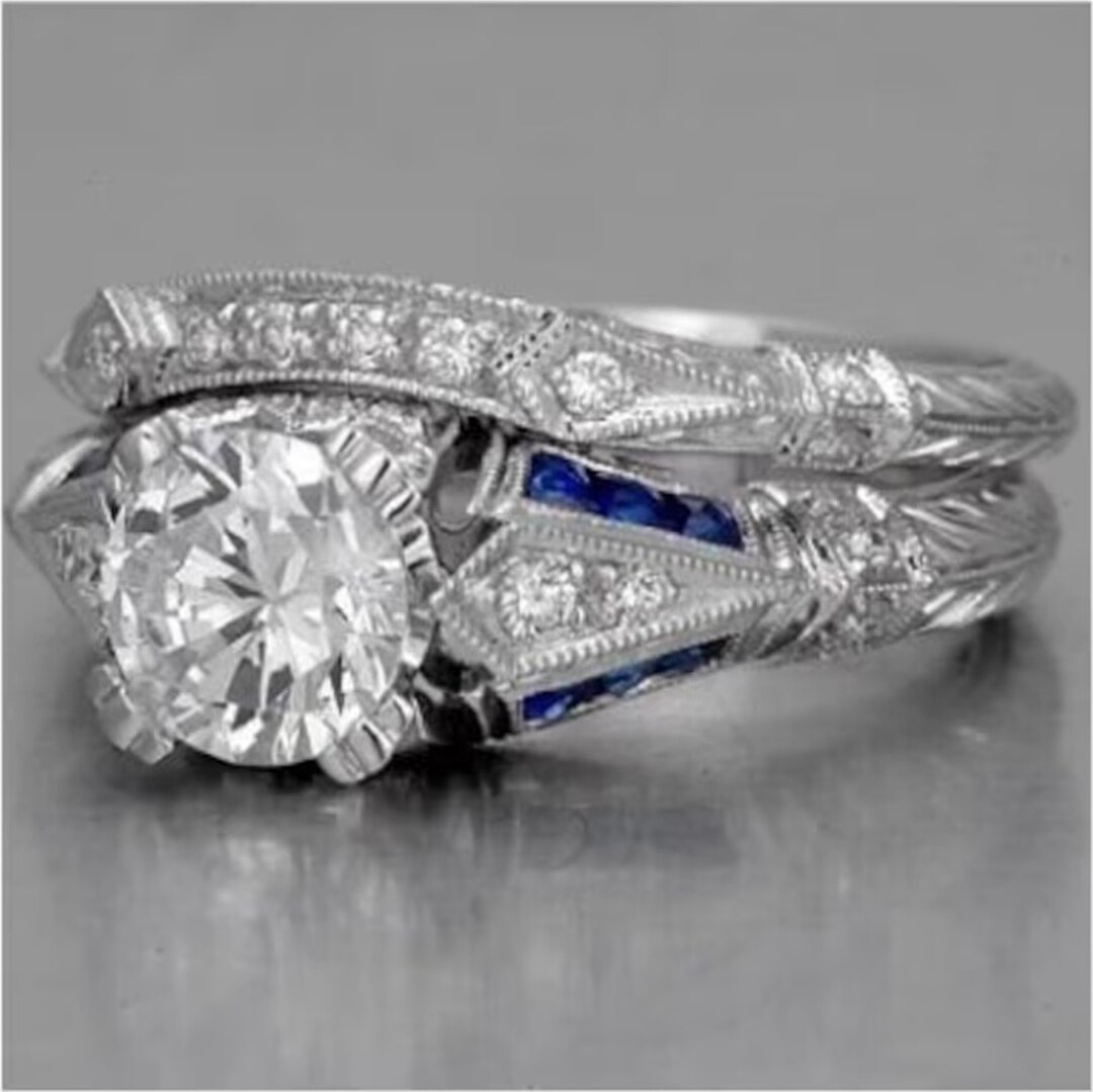 1890s Art Deco Old European & Blue Sapphire Engagement Ring Set in 925 ...