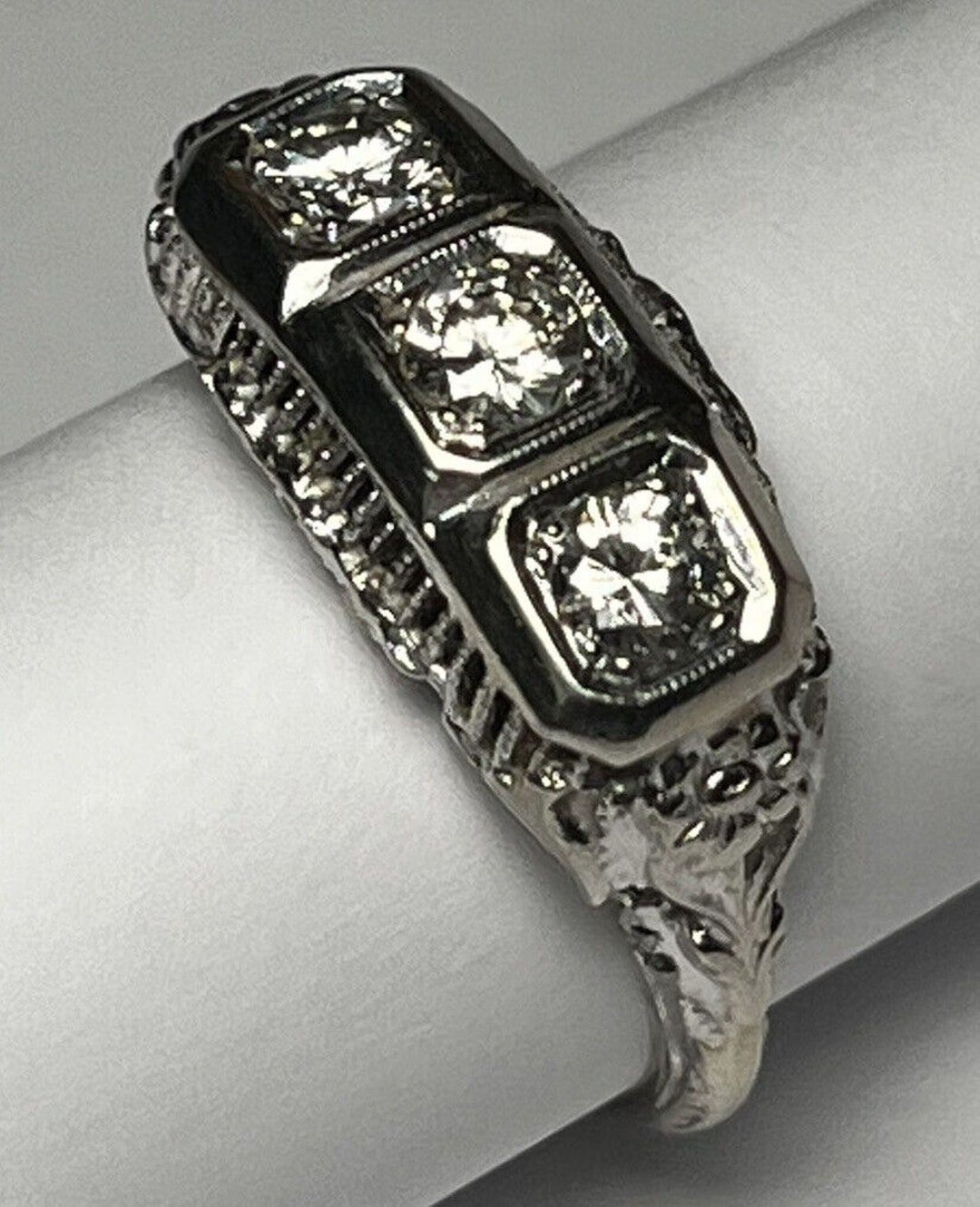 1920s Antique Art Deco Old Mine Cut Round Diamond Ring Edwardian Women ...