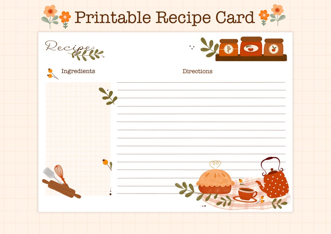 Recipe Card Printable Double Sided Recipe Card Cute Recipe Card Digital ...