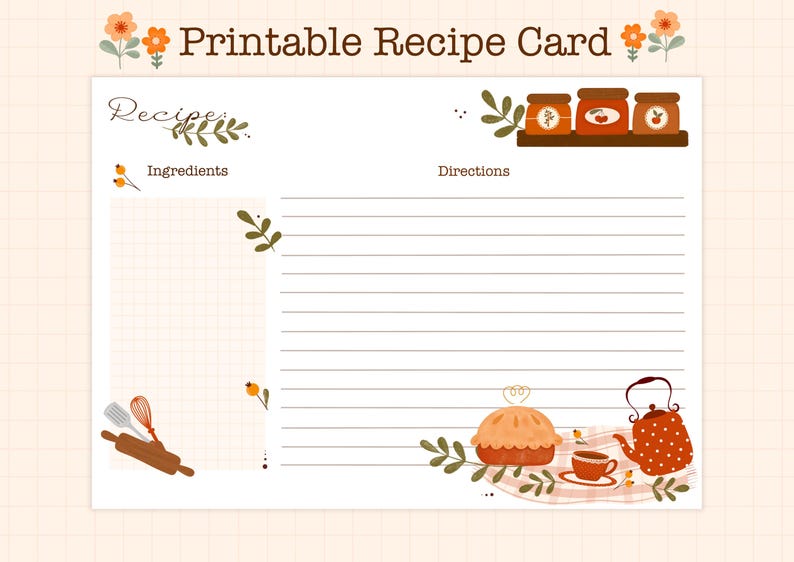 Cottagecore Recipe Card Printable | Double Sided (PDF) - Etsy