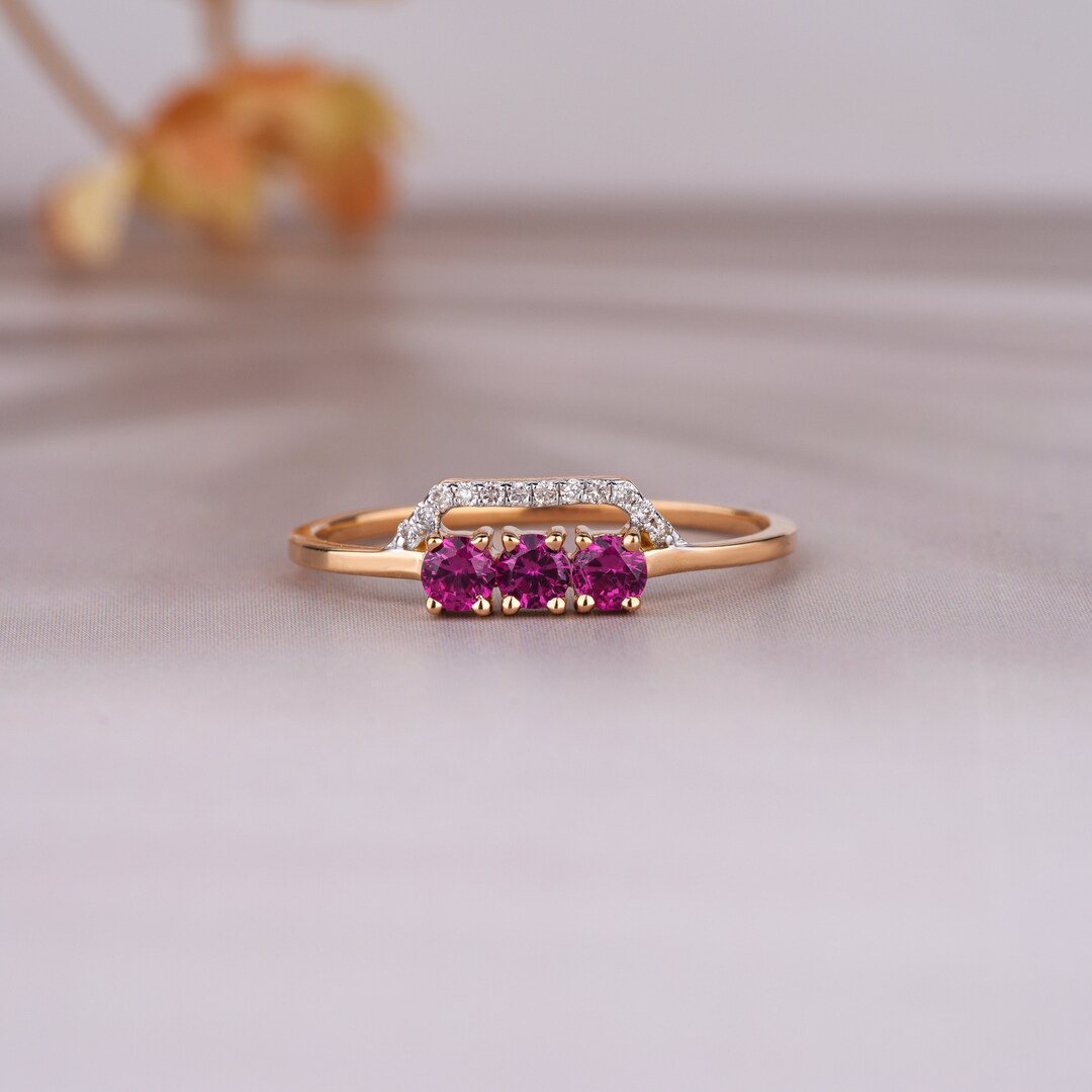Antique Three Ruby Gemstone and Side Round Cut Moissanite Diamond Ring ...