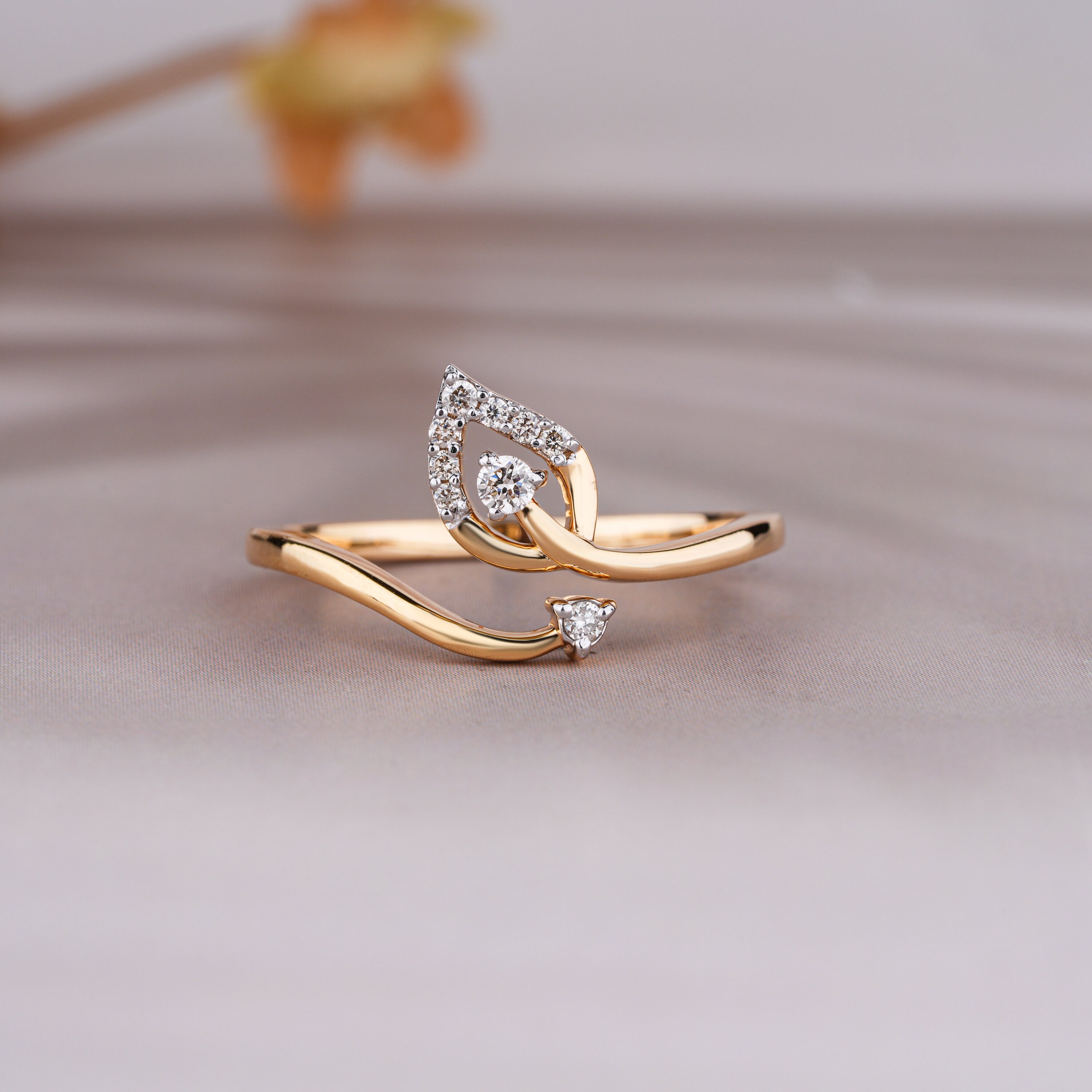 Leafy Blooms Round Cut Natural Diamond Ring, Open Gap Adjustable Yellow Gold Ring, Handmade Ring ...
