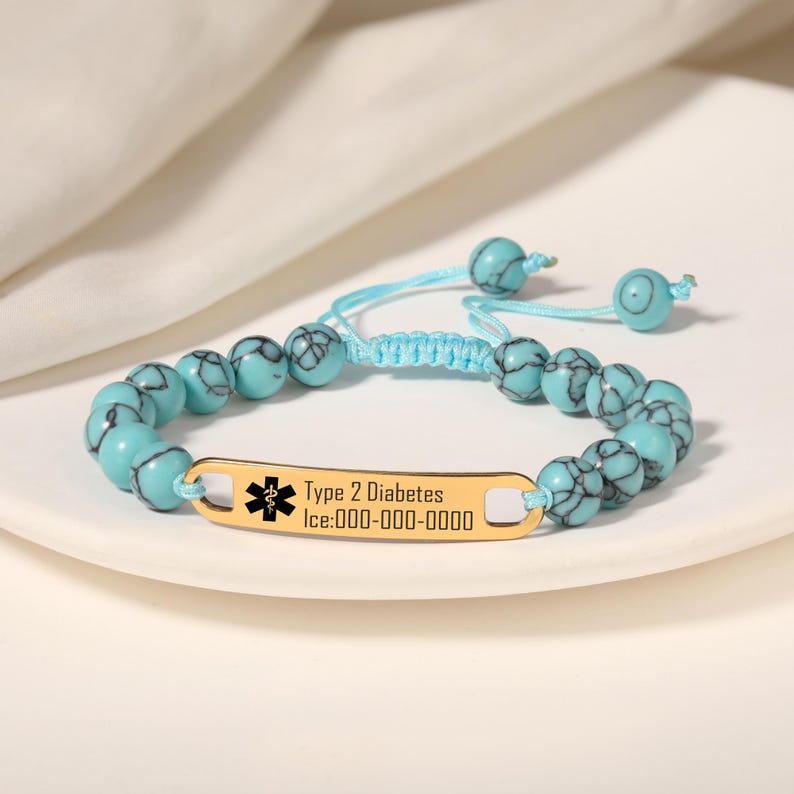 Personalized Beaded Medical Alert Bracelet: Engraved Emergency ID - Etsy