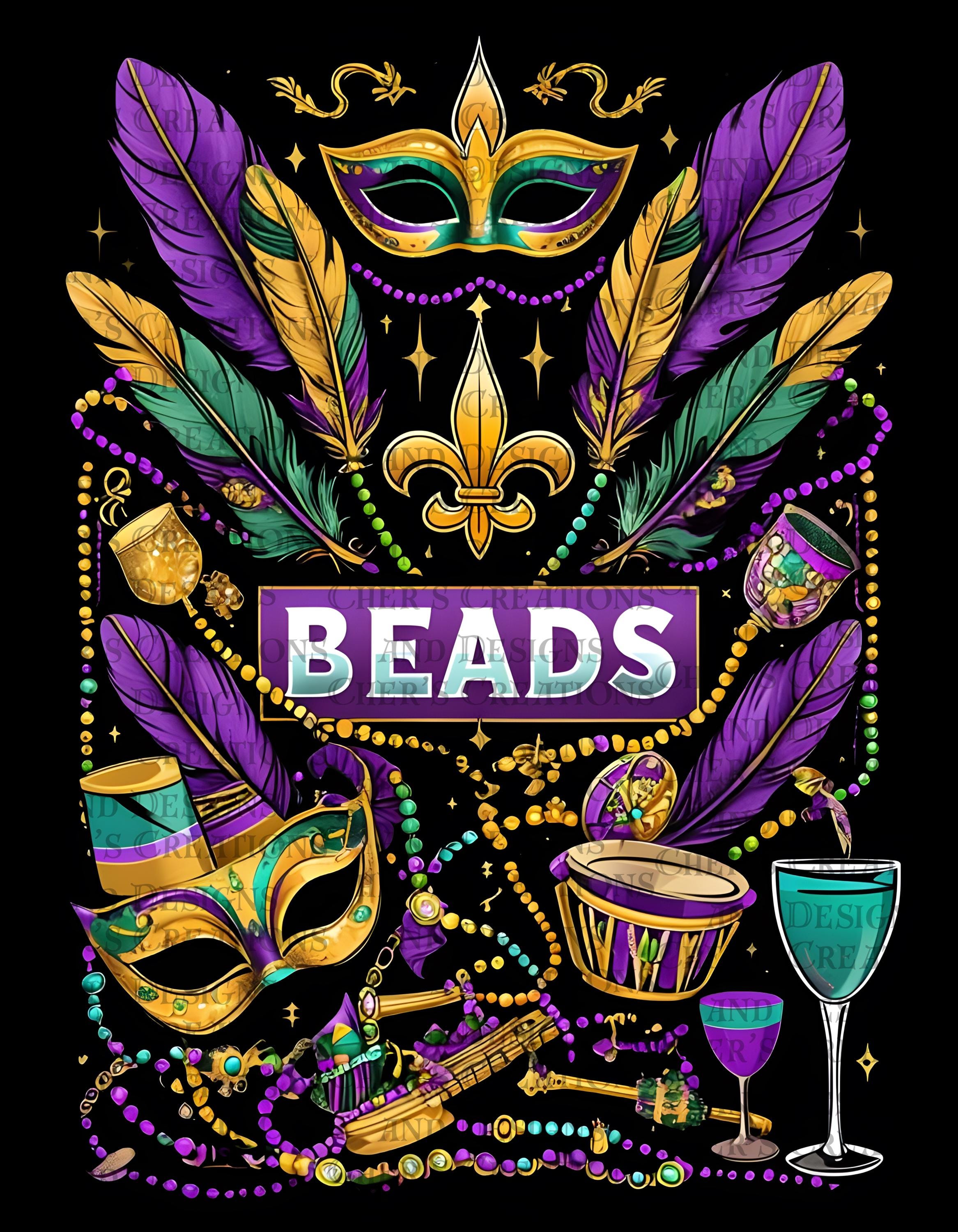Mardi Gras Digital Download | Printable Beads & Masks Artwork | Instant ...