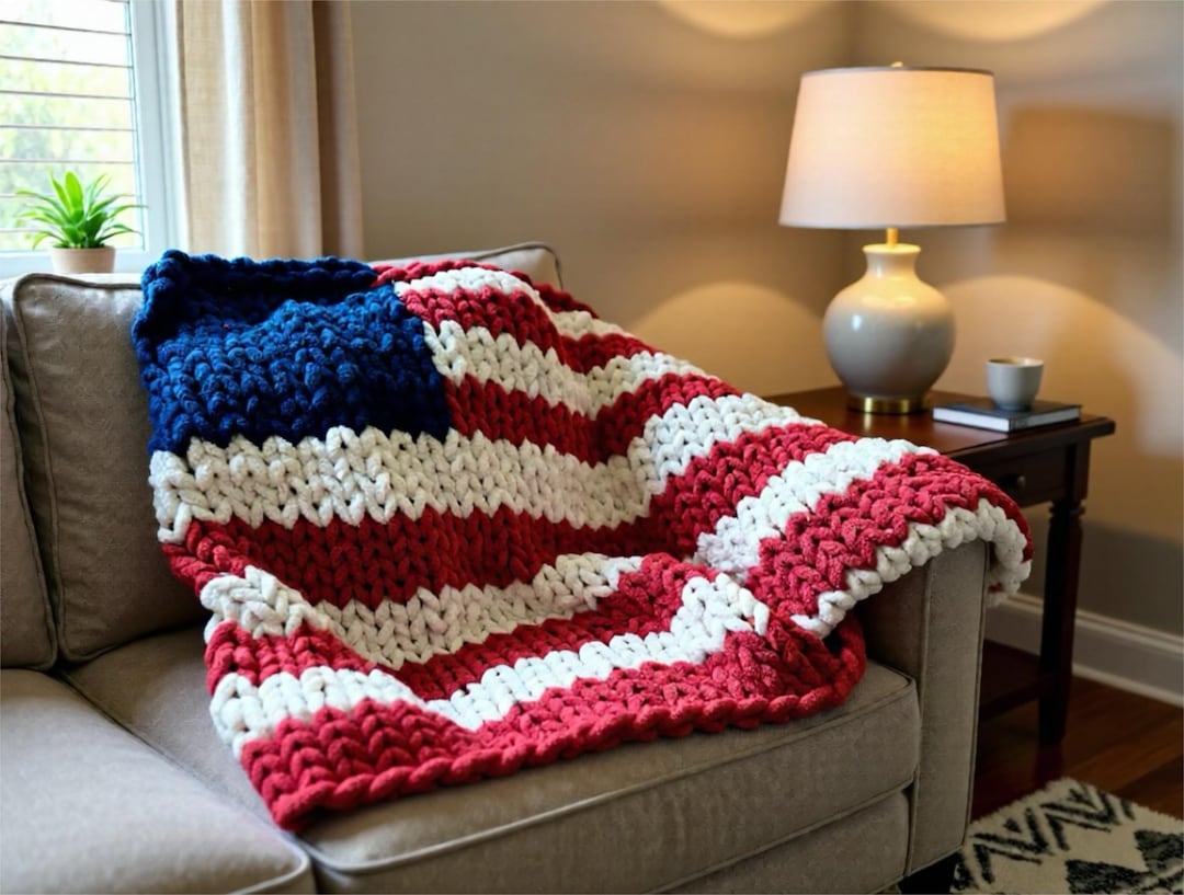Handmade Chunky Knit American Flag Throw: Chenille Blanket, Patriotic ...
