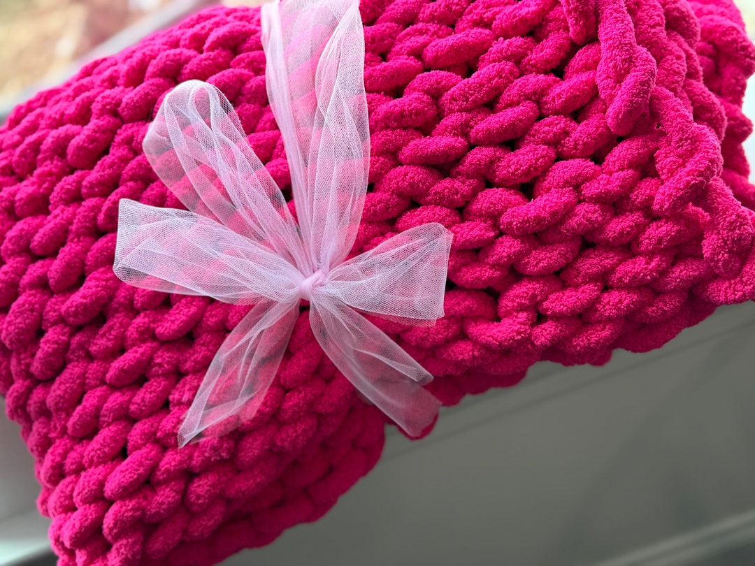 Handmade Pink Chunky Knit Throw, Chenille Blanket - Etsy