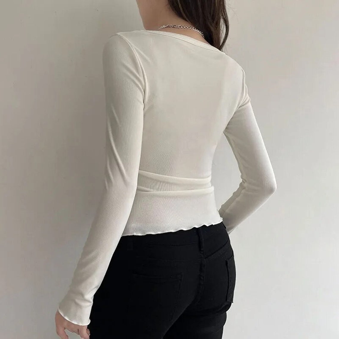 Womens White Slim Long Sleeve Crop Top With a Bow and Jewel Fairycore Y2k - Etsy