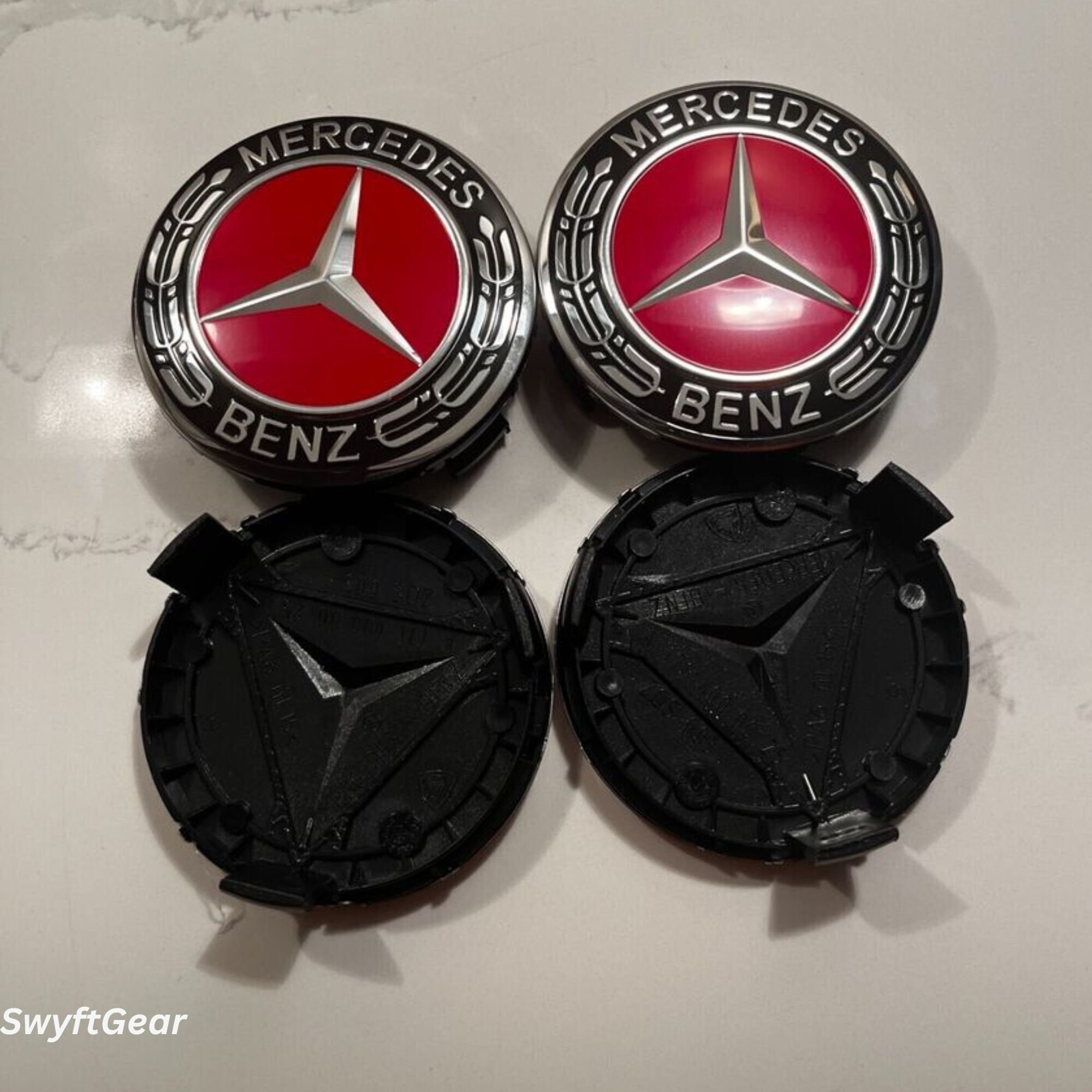 Set of 4 Mercedes Benz Alloy Wheel Centre Caps Red 75mm Logo Emblem Rim ...