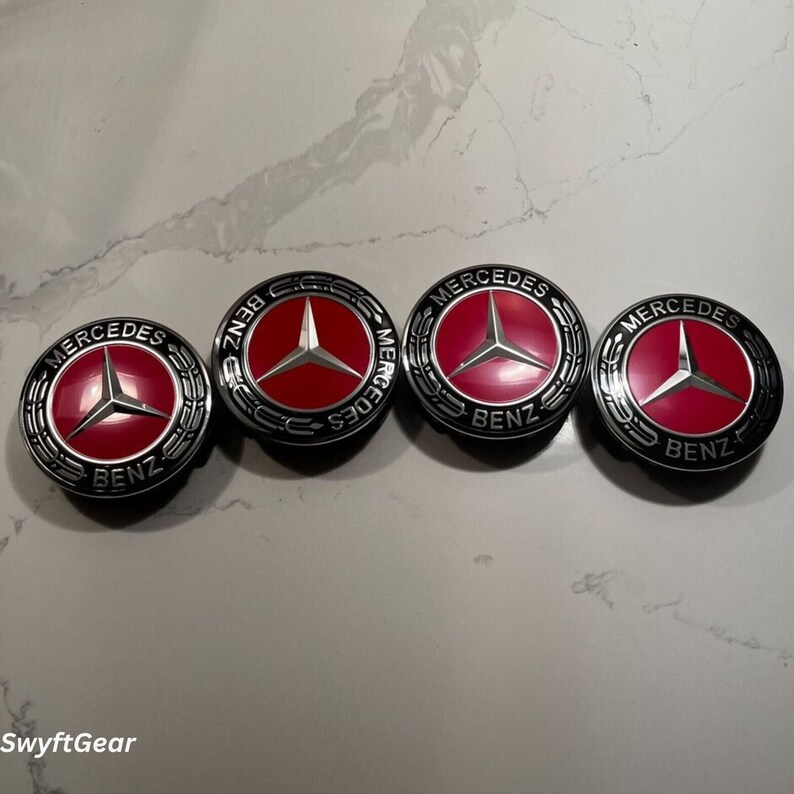 Set of 4 Mercedes Benz Alloy Wheel Centre Caps Red 75mm Logo Emblem Rim ...